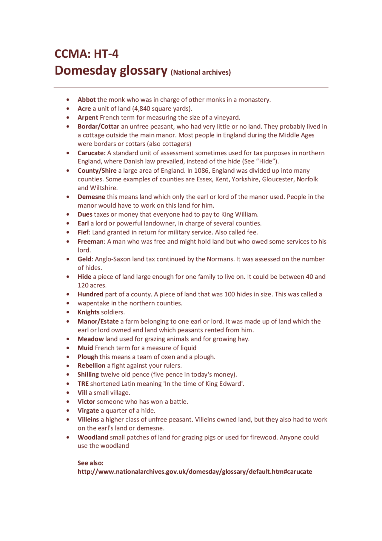 HT-4 Domesday glossary - Apuntes de Idioma Inglés - Docsity