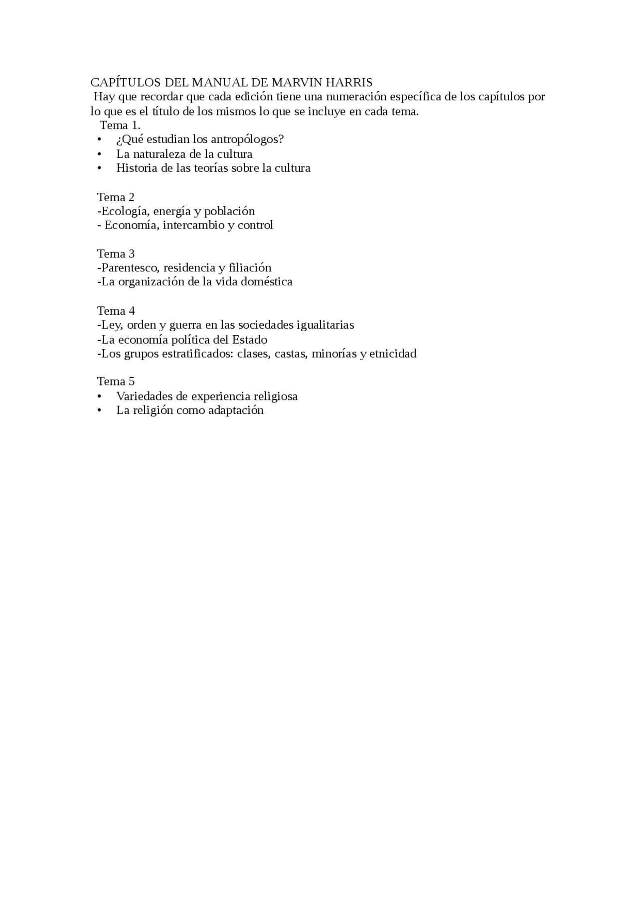 CAPÍTULOS DEL MANUAL DE MARVIN HARRIS - Apuntes de Introducción a ...