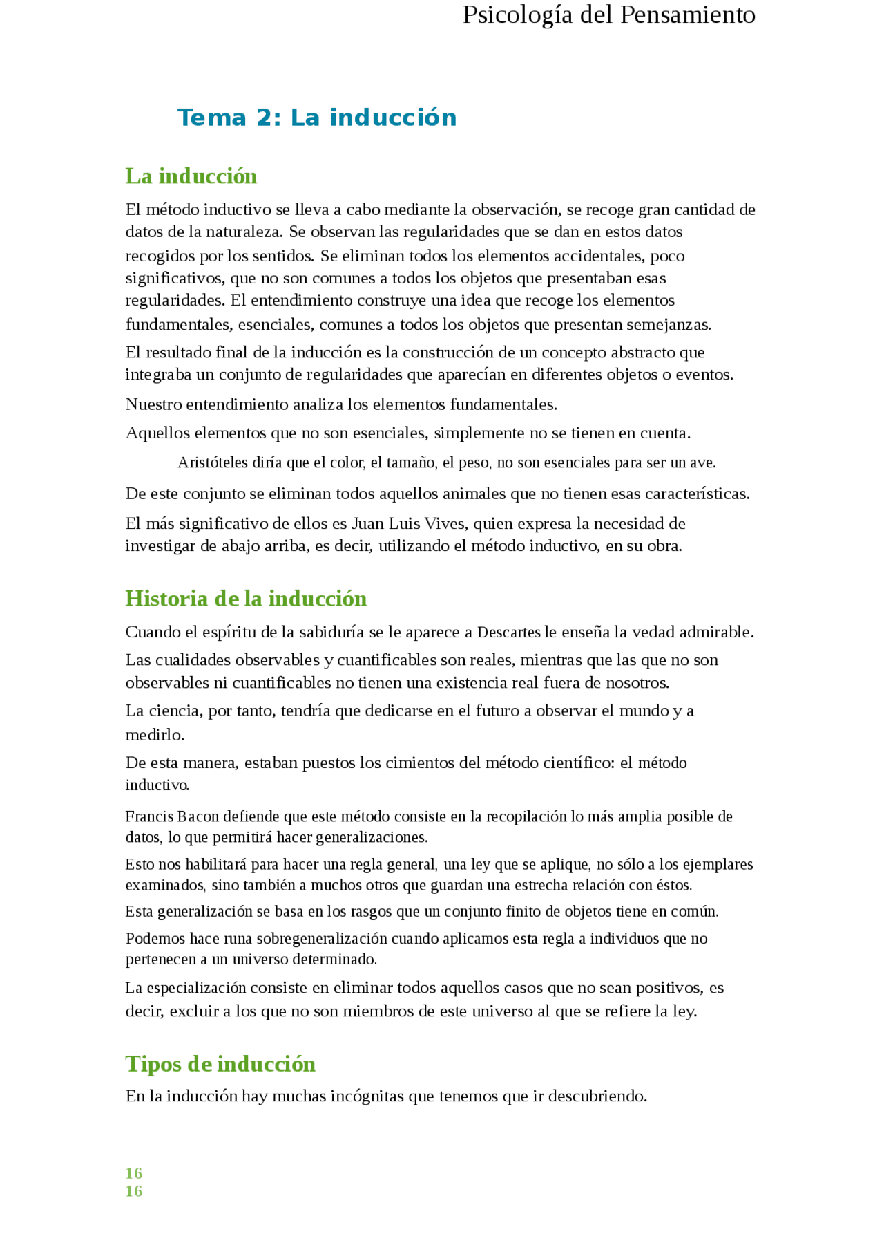 La inducción, características y elementos - Apuntes de Psicología | Docsity