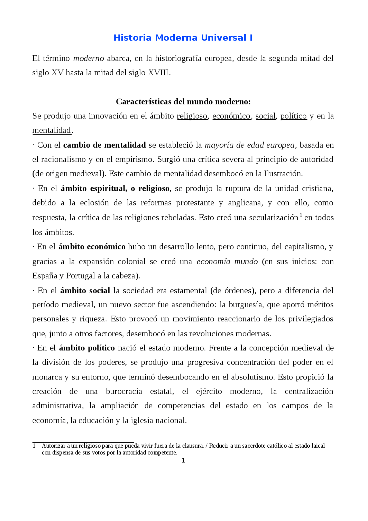 Historia Moderna Universal I - Apuntes de Historia Moderna - Docsity