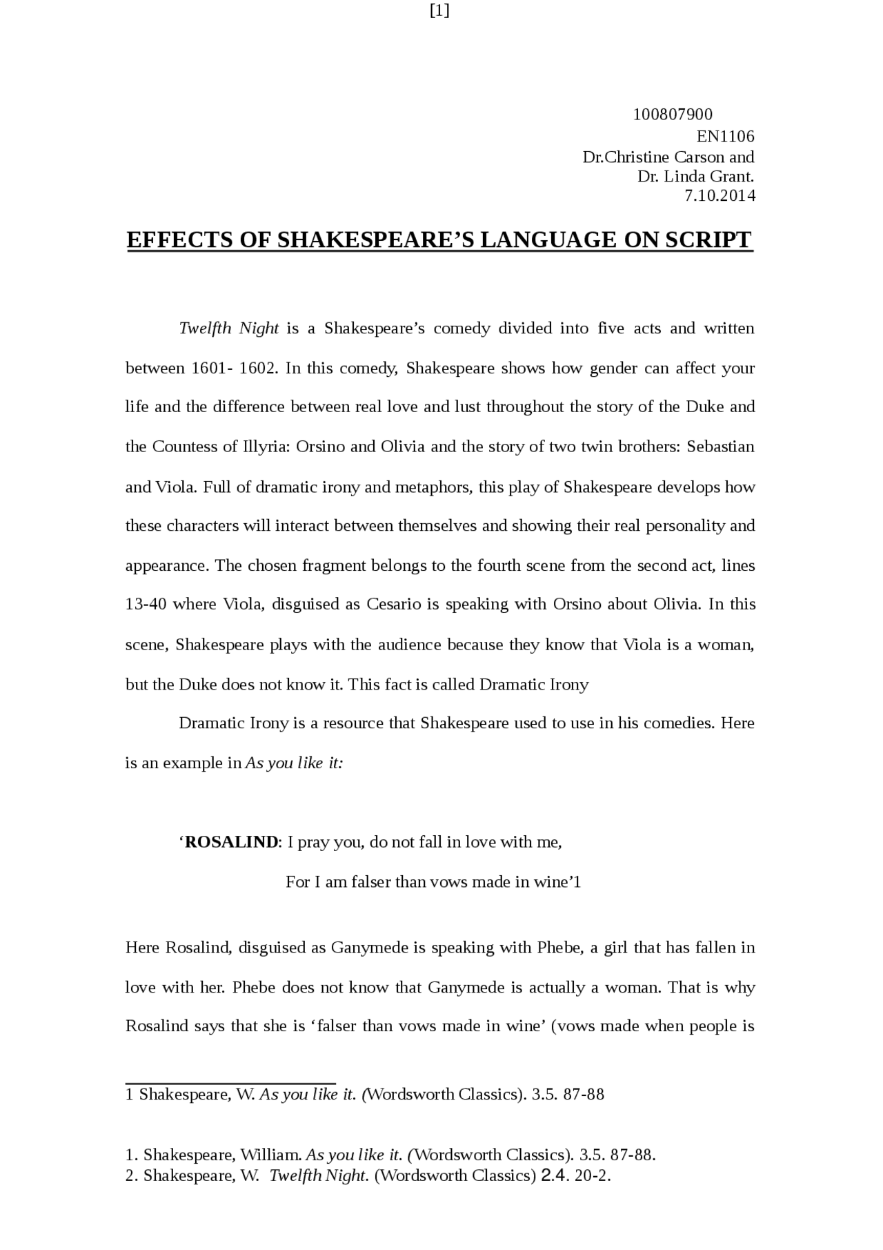 Shakespeare. Dramatic Irony en Twelfth Night - Apuntes de Teatro - Docsity