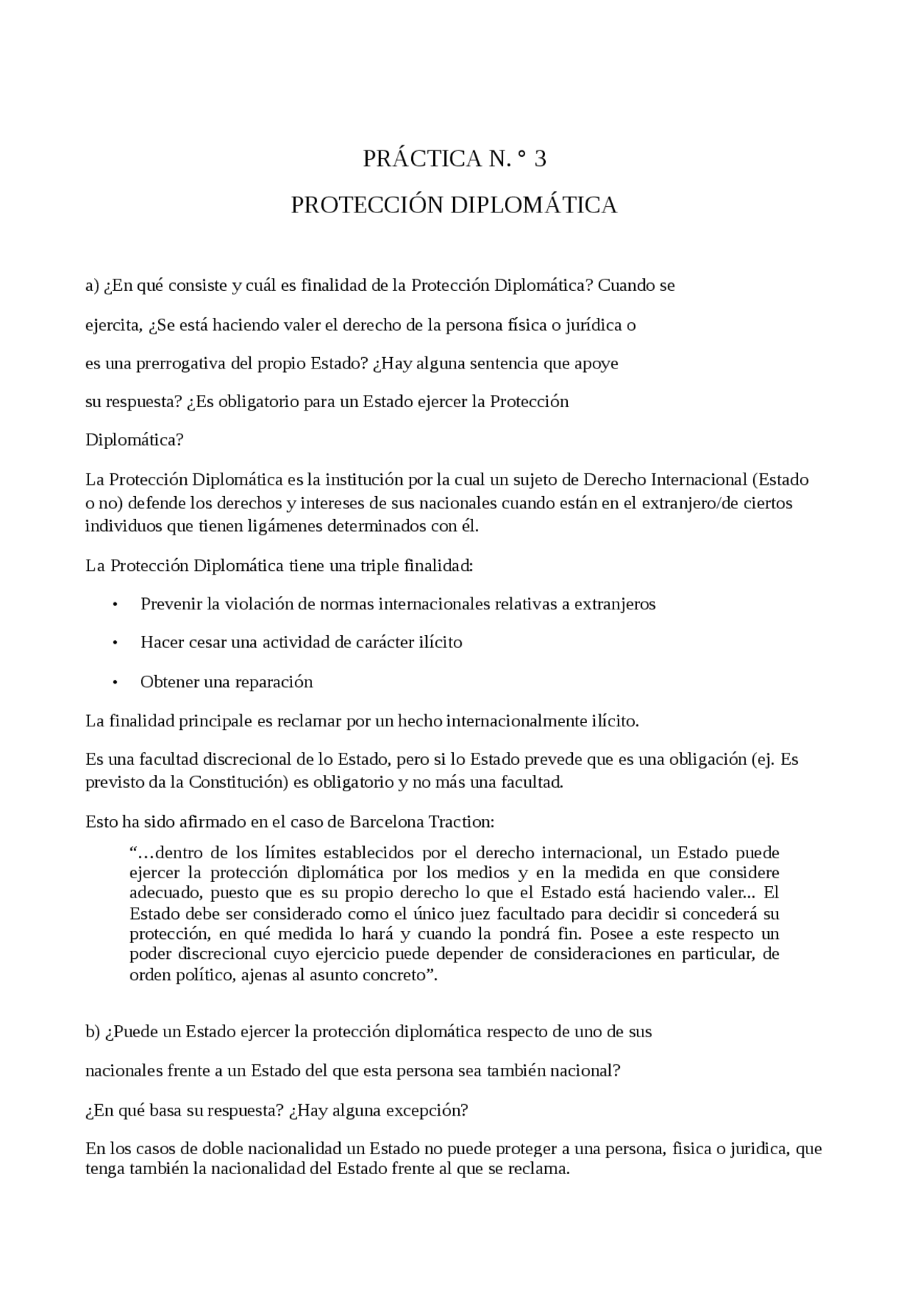 PRÁCTICA N. ° 3 PROTECCIÓN DIPLOMÁTICA - Ejercicios de Derecho ...
