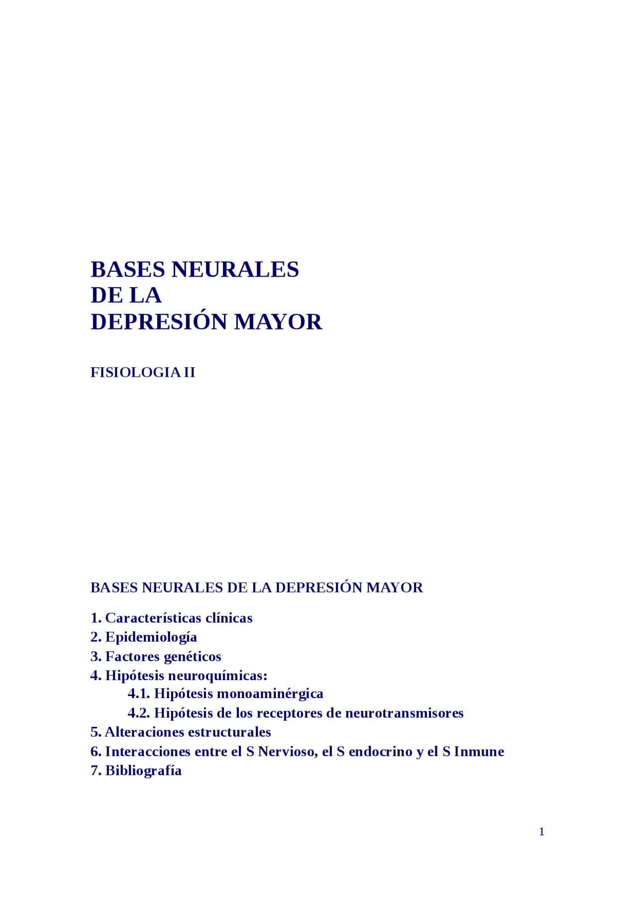 Bases Neurales de la Depresión Mayor - Apuntes de Fisiología - Docsity