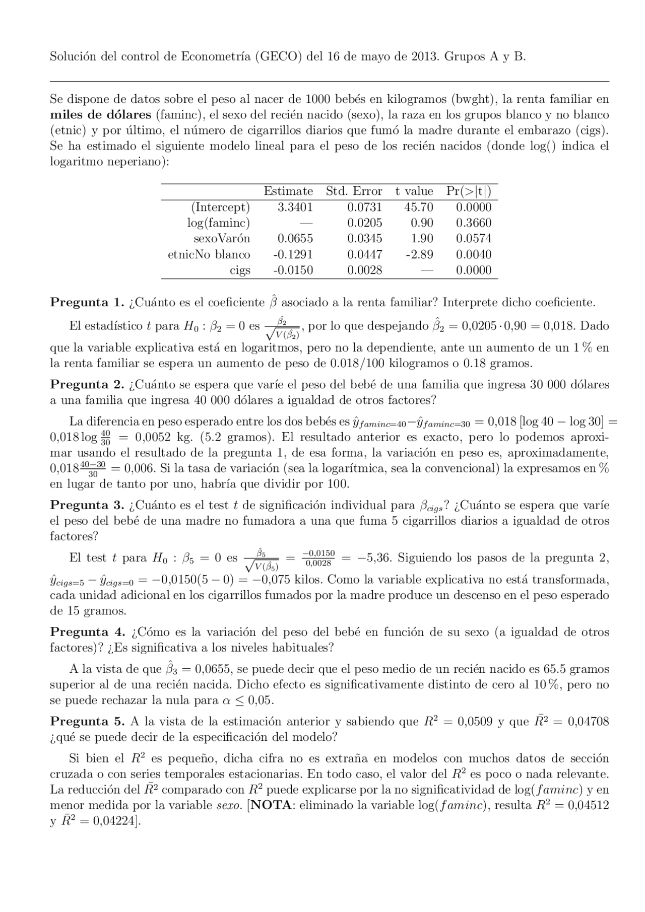Examen econometría ADE UCM - Exámenes de Econometría - Docsity