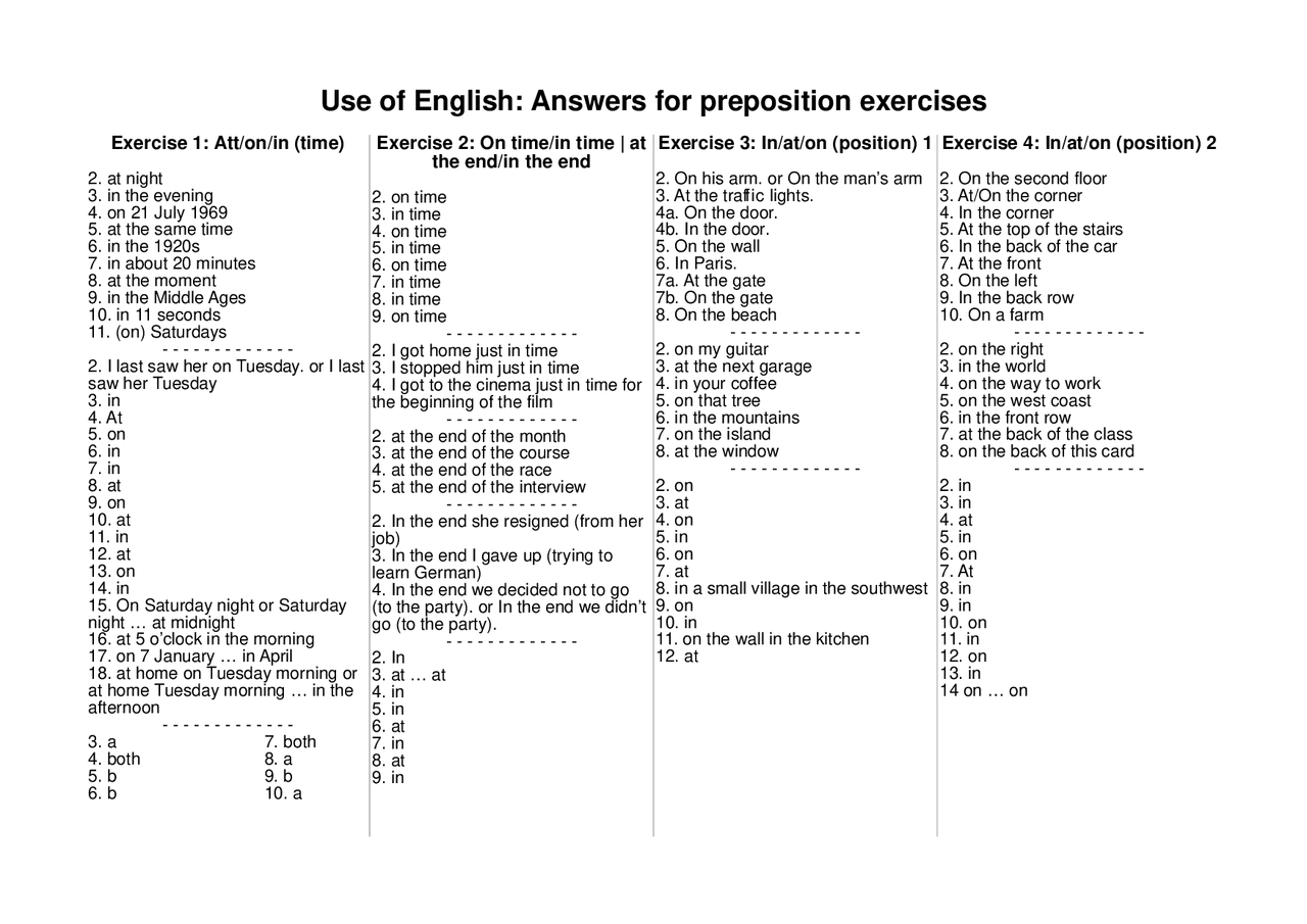 Prepositions answer - Study notes for English Language | Docsity