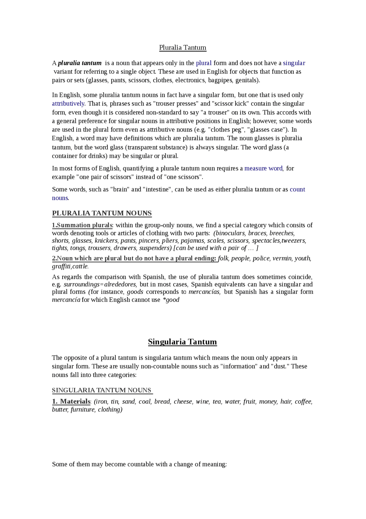 Singularia tantum vs pluralia tantum - Apuntes de Idioma Inglés - Docsity