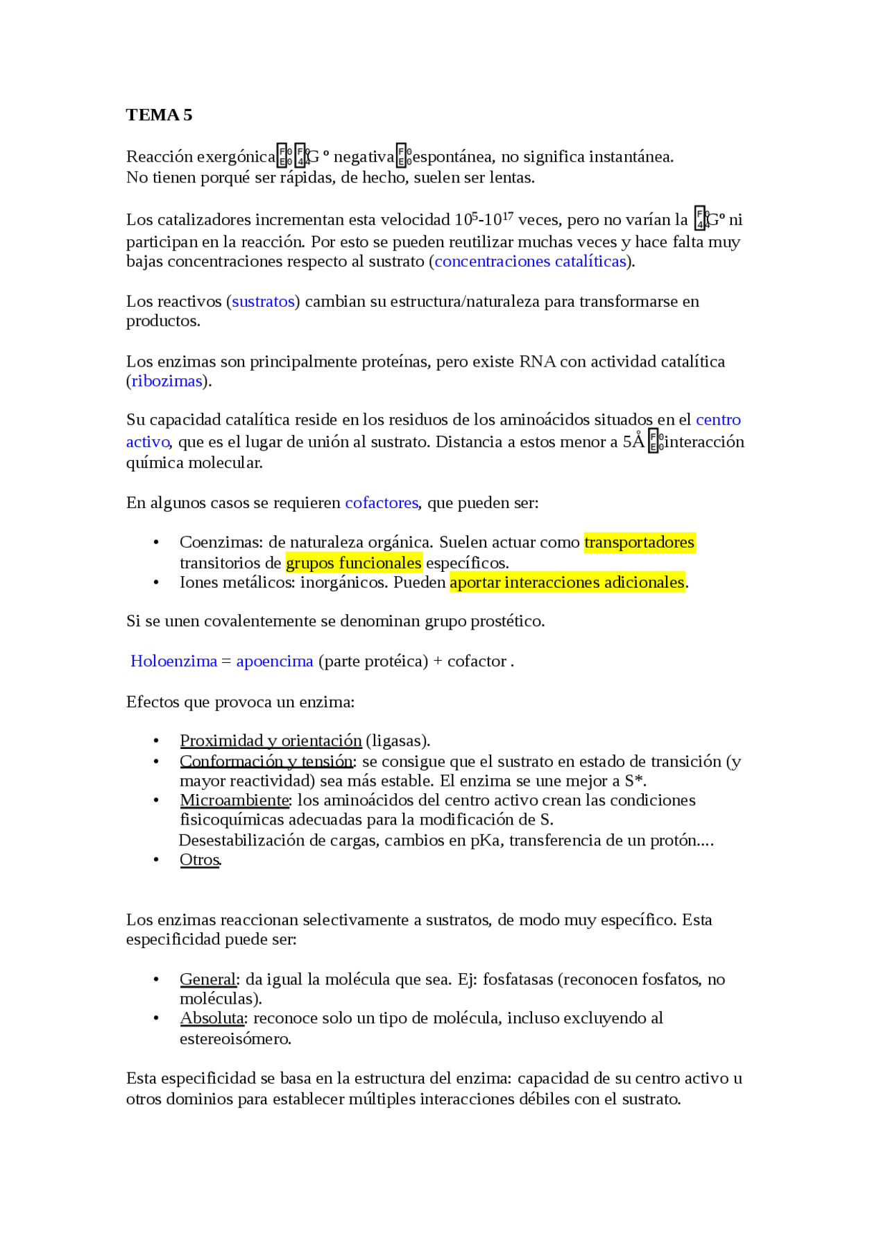 TEMA 5 Reacción exergónica - Apuntes de Bioquímica - Docsity