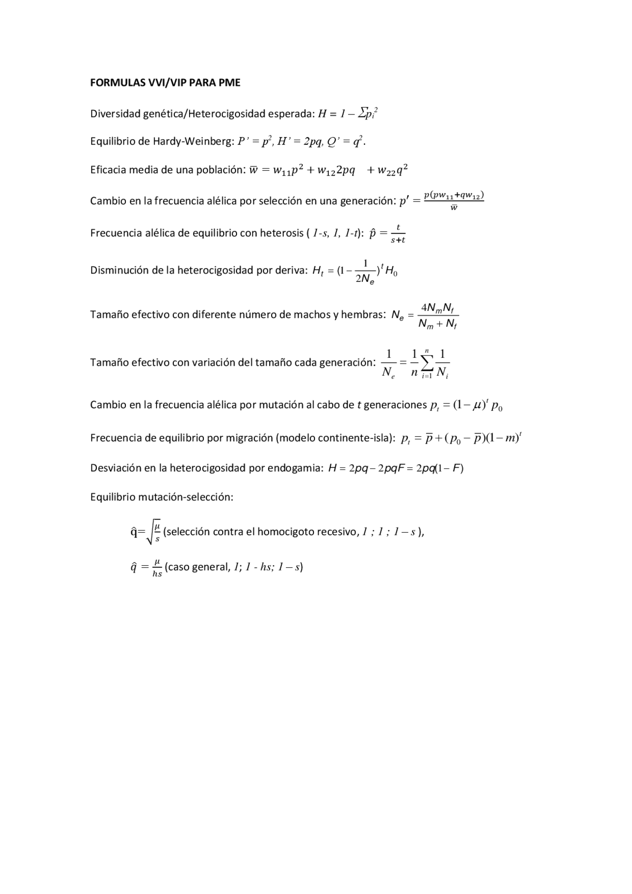 Formulas VVI/VIP para Poblaciones Genéticas: Diversidad, Equilibrio y ...