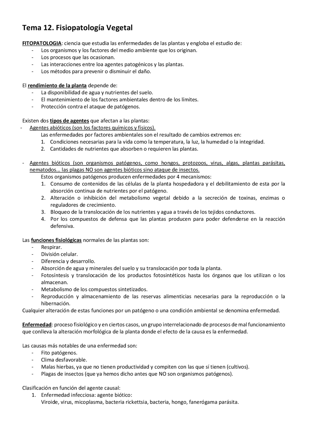 Tema 12. Fisiopatología Vegetal - Apuntes de Biología - Docsity