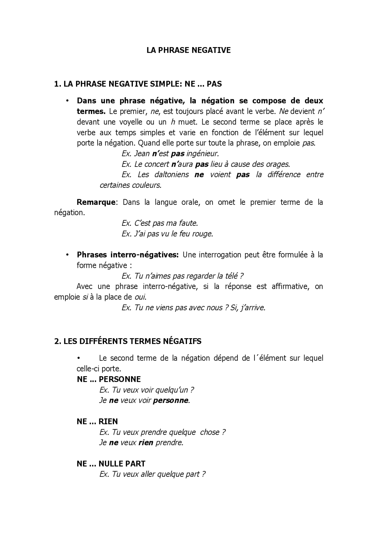 La frase negativa (Francés) - Apuntes de Idioma Francés - Docsity