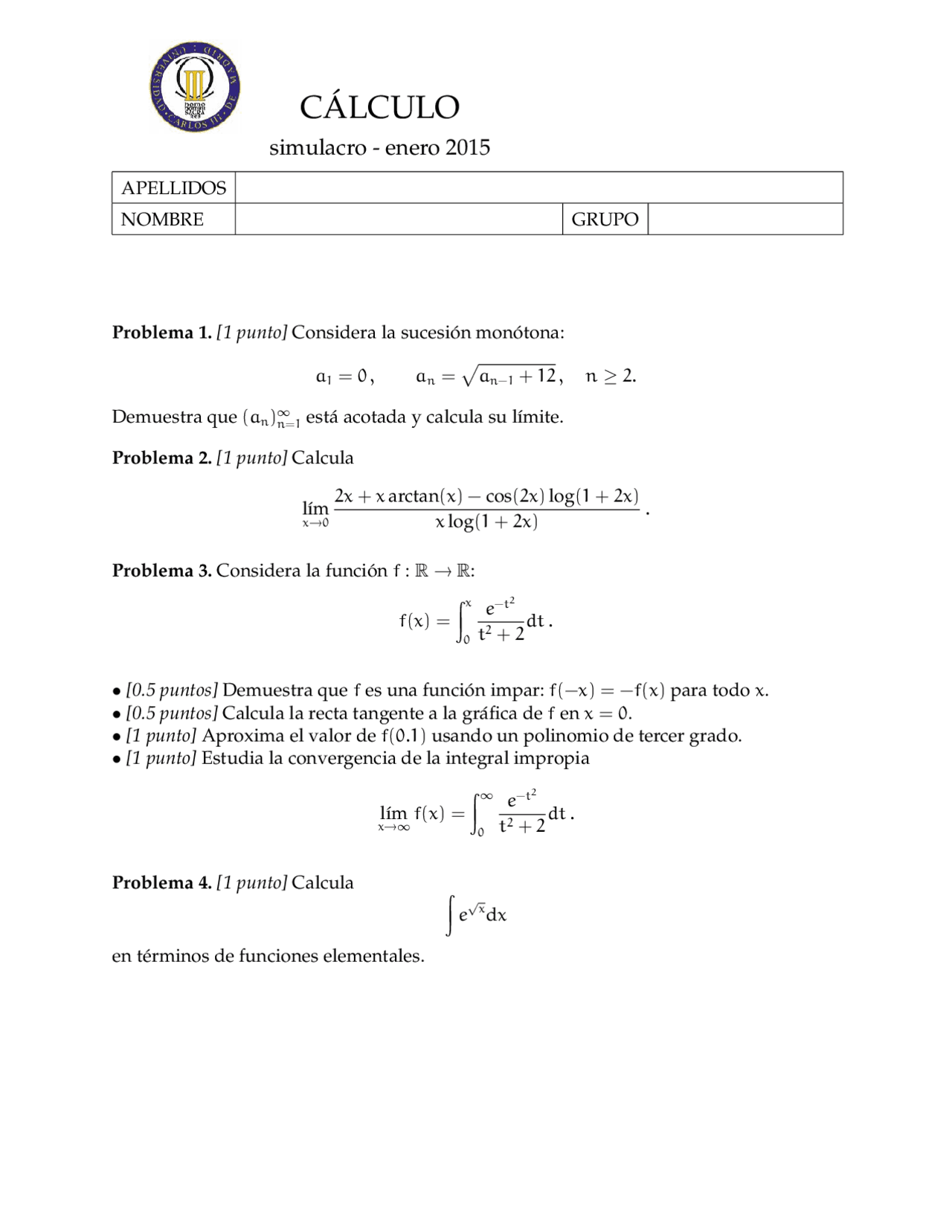 Examen Calculo - Exámenes de Cálculo - Docsity