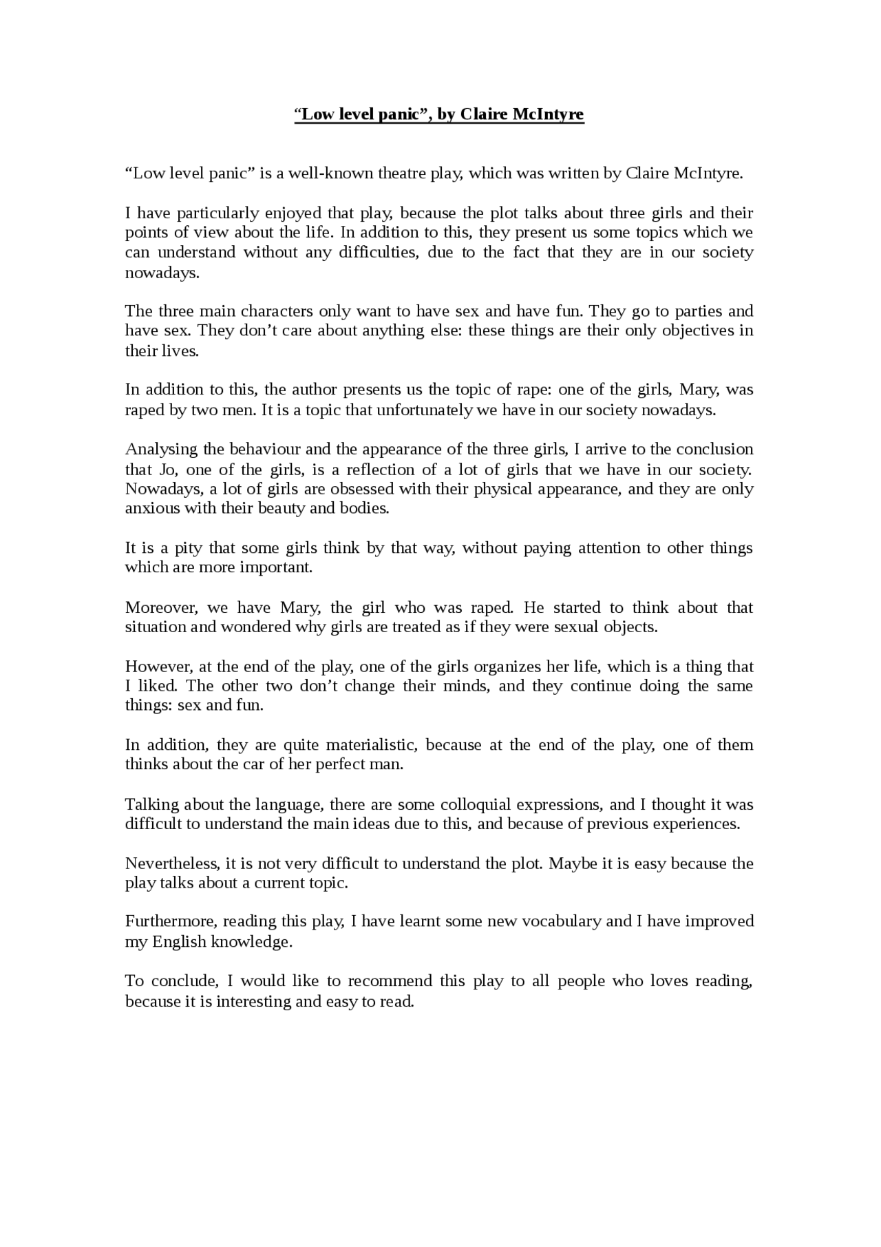 Low level panic Review - Apuntes de Teatro - Docsity