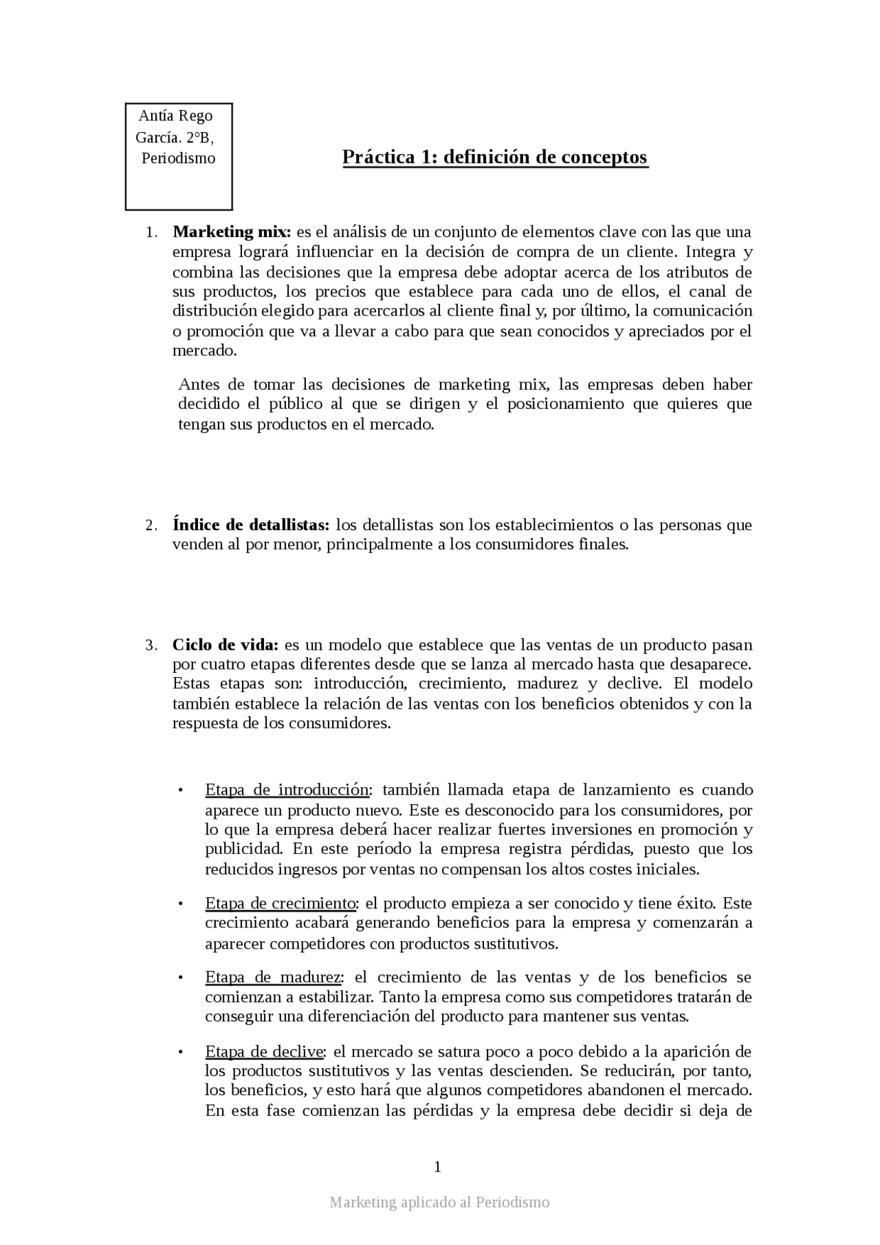 Práctica 1: definiciones de márketing - Ejercicios de Marketing - Docsity