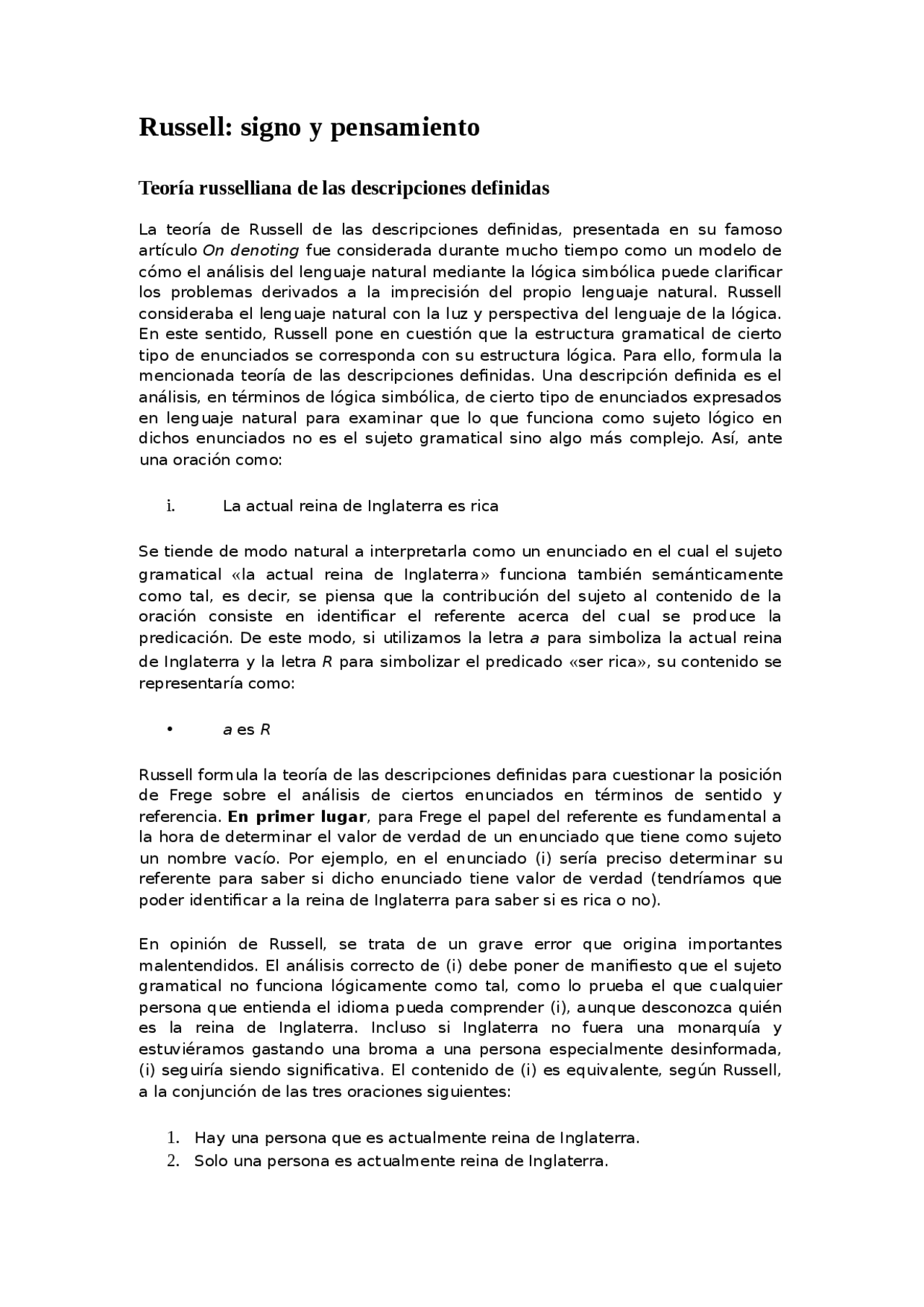 Russell: signo y pensamiento, Teoría russelliana de las descripciones ...