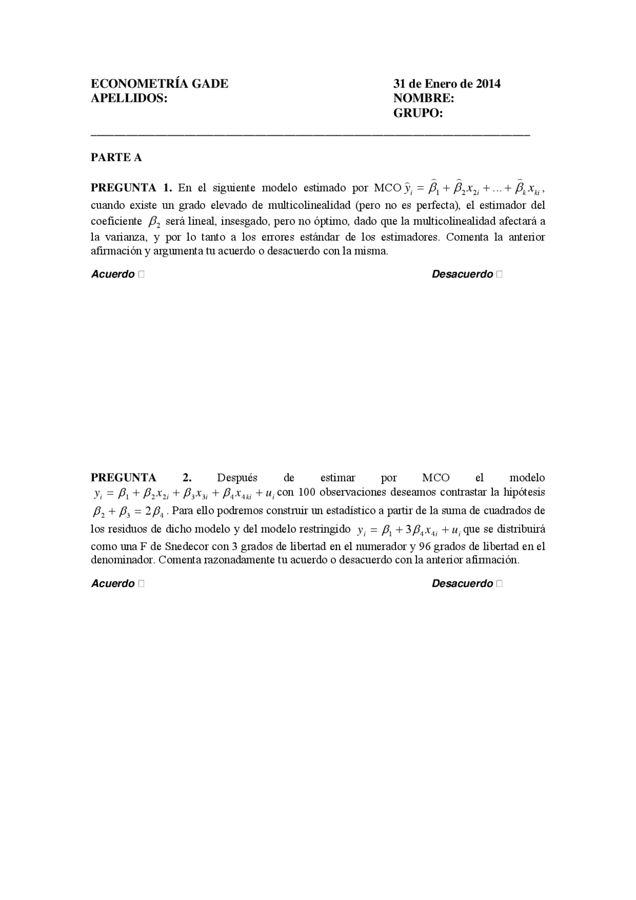 Examen 31-1-14 ECONOMETRÍA - Exámenes de Econometría - Docsity