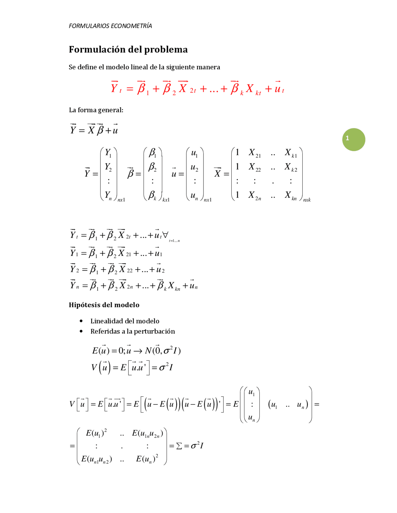 FORMULARIO ECONOMETRIA I - Ejercicios de Econometría | Docsity