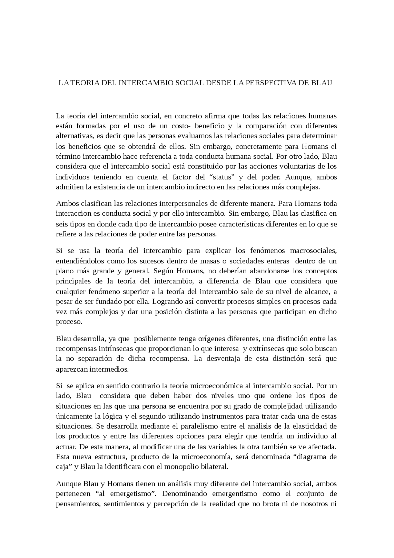 Teoria del intercambio social segun blau - Apuntes de Psicología | Docsity