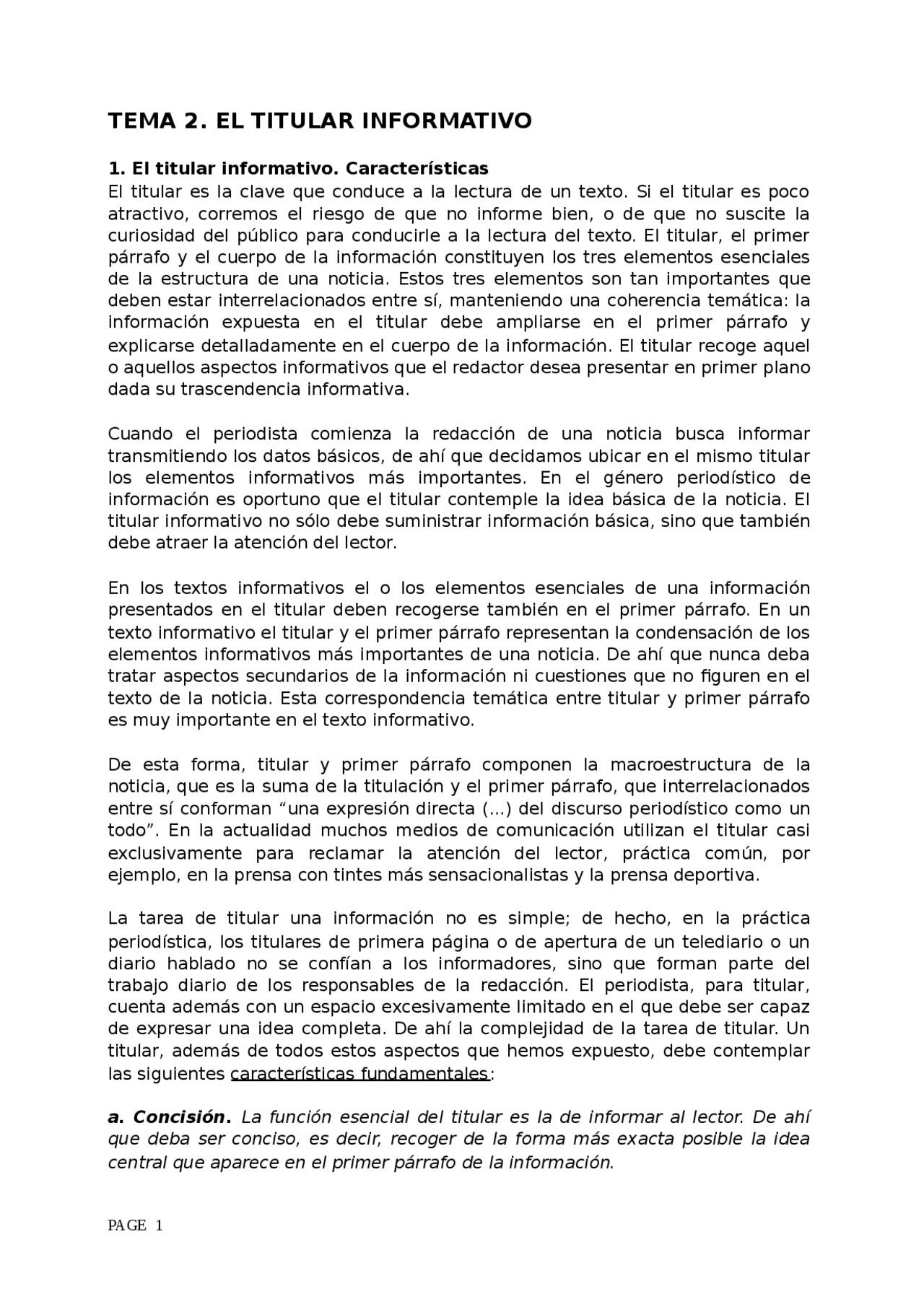 TEMA 2. EL TITULAR INFORMATIVO 1. El titular informativo. Caracte ...