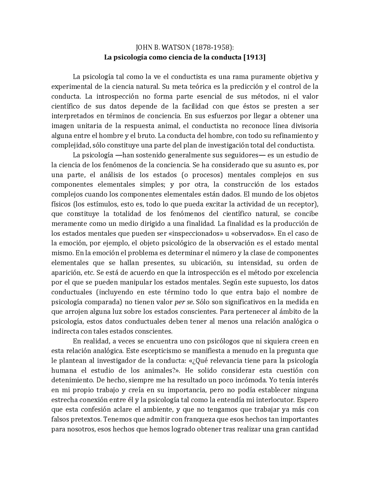 Text watson - Apuntes de Psicología - Docsity