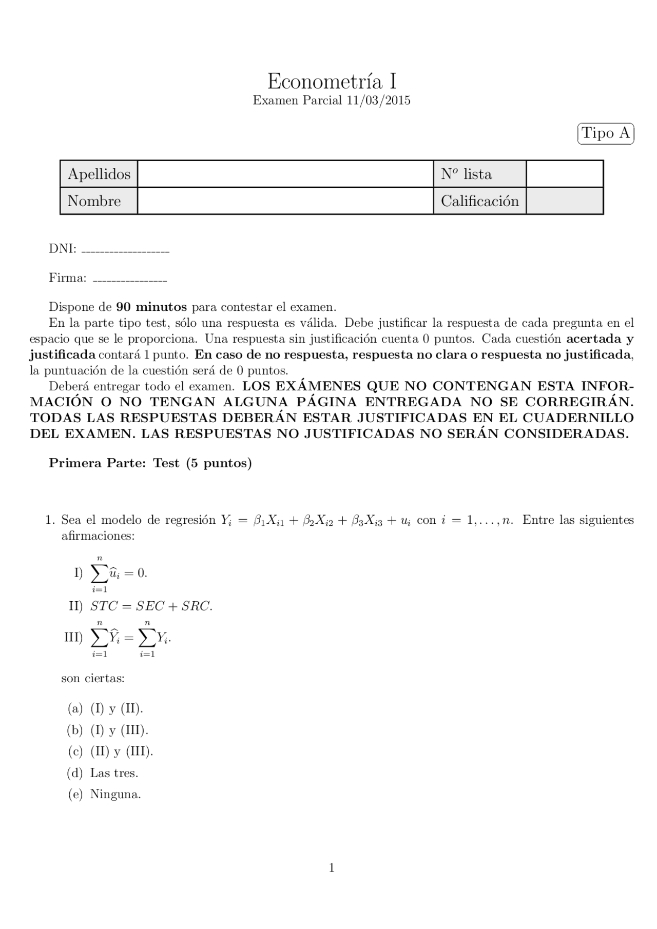 Econometría 03 2015 - Exámenes de Econometría - Docsity