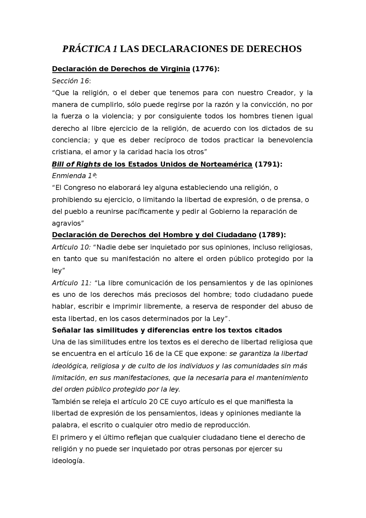 PRÁCTICA 1 LAS DECLARACIONES DE DERECHOS - Ejercicios de Derecho - Docsity