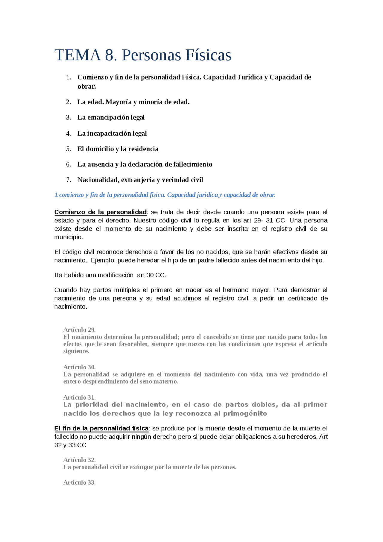 TEMA 8. Personas Físicas Comienzo y fin de la personalidad Física ...