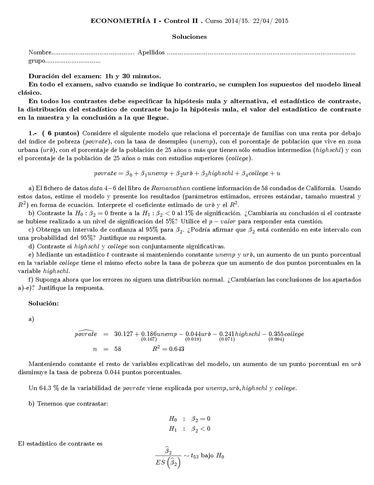 Econometría 04 2015 - Exámenes de Econometría - Docsity
