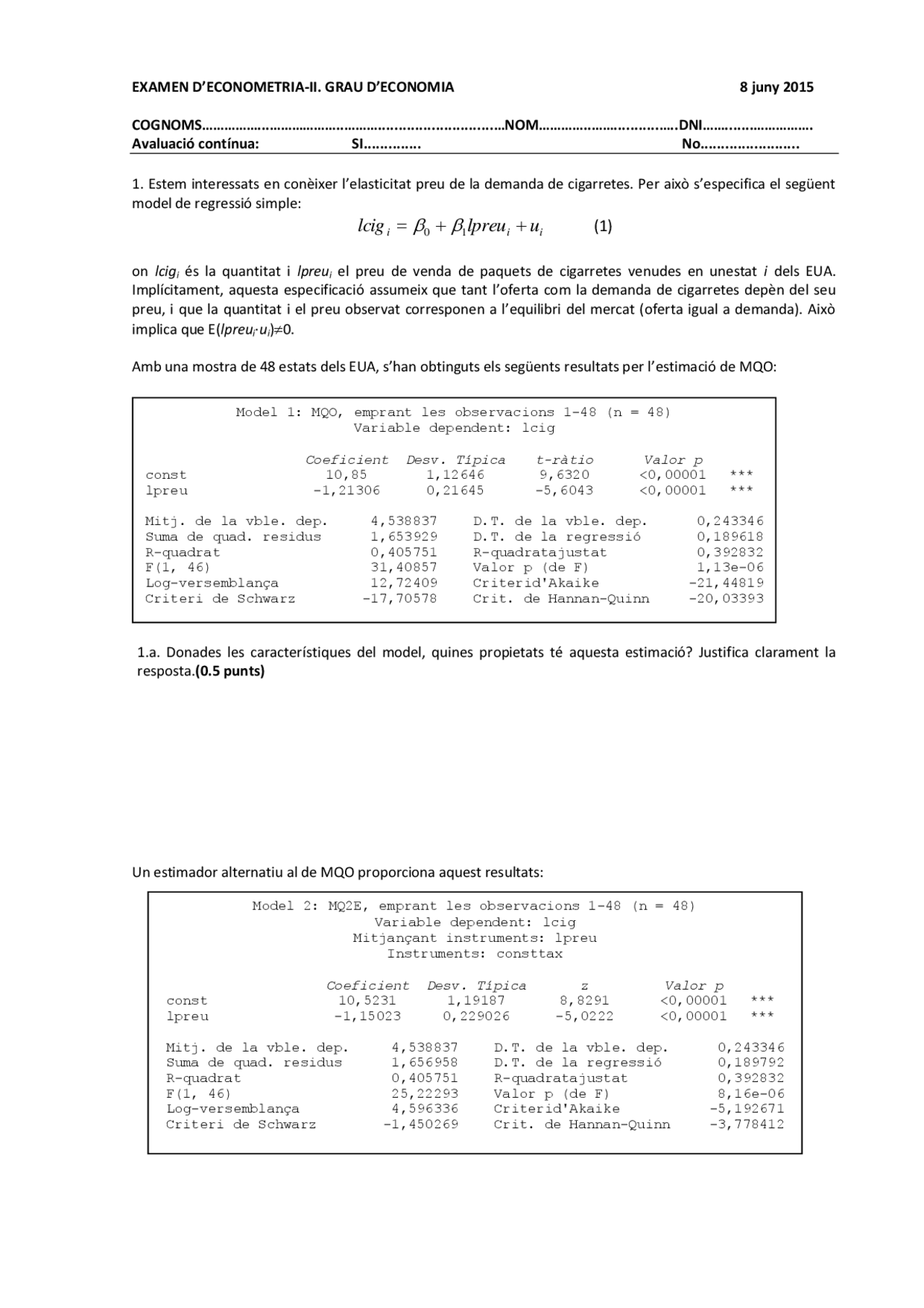 Econometría 06 2015 - Exámenes de Econometría - Docsity