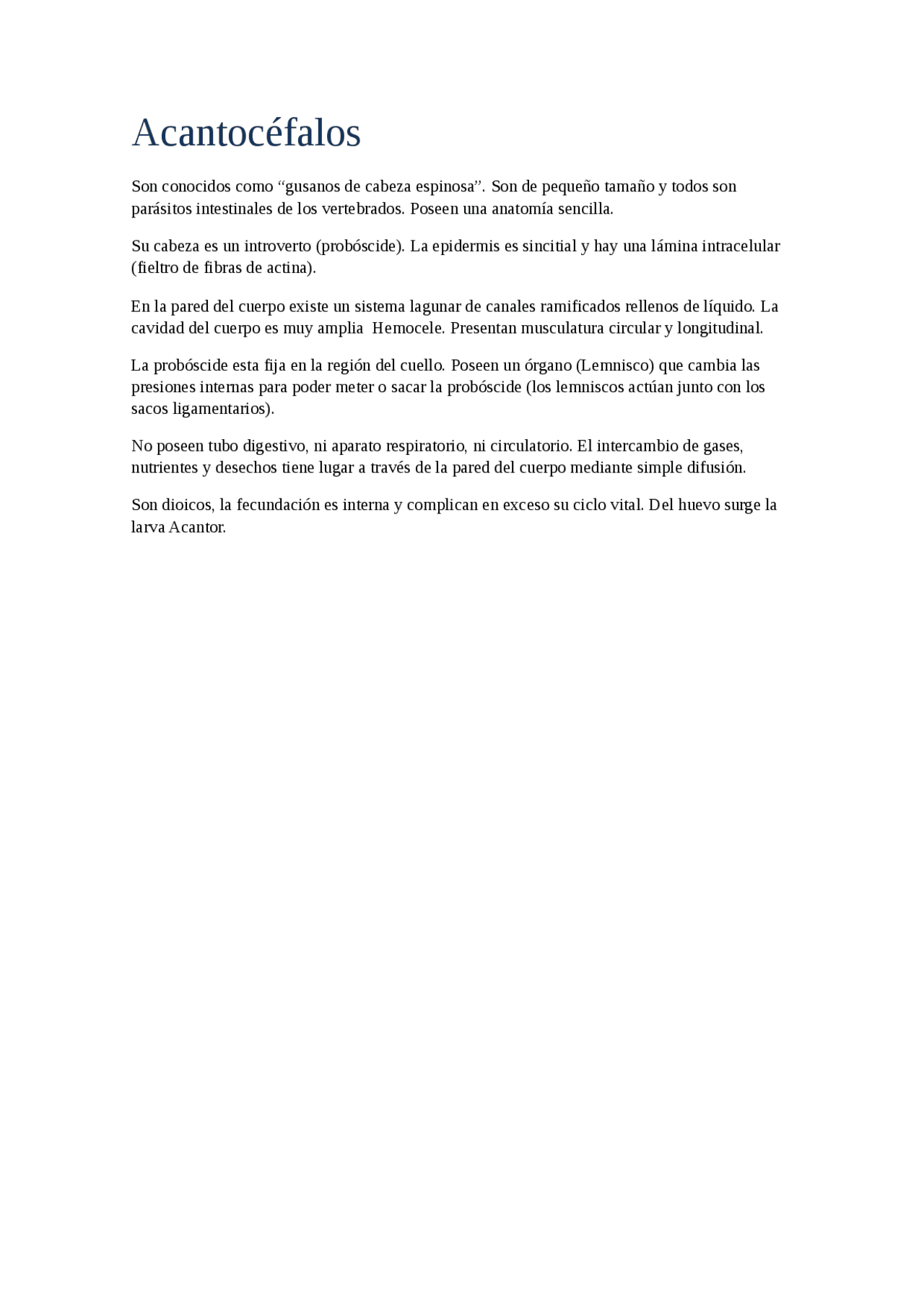 Acantocéfalos - Apuntes de Zoología - Docsity