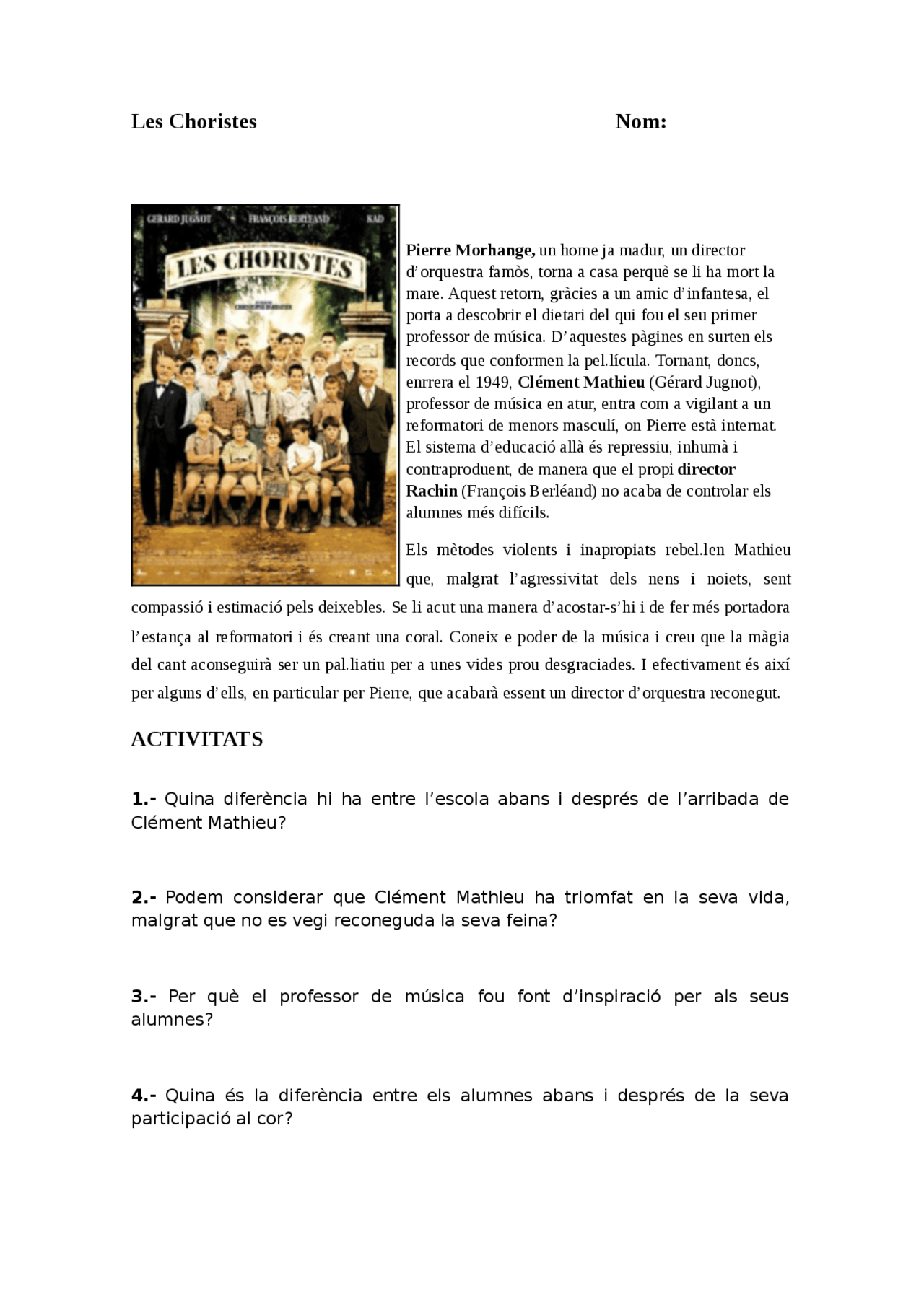 Les choristes activitats de la pel.lícula - Apuntes de Comunicación ...