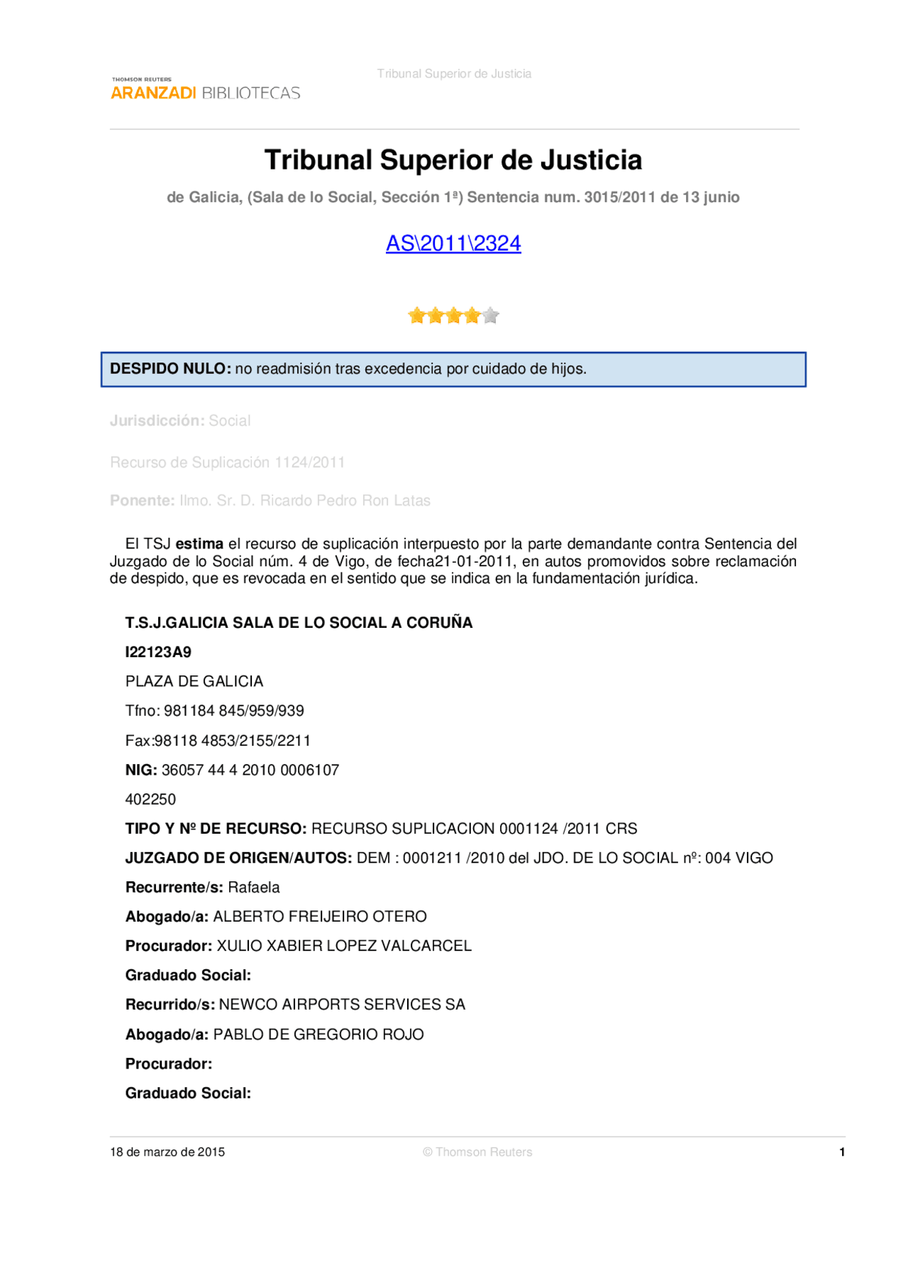 Sentencia laboral - Apuntes de Derecho Administrativo - Docsity