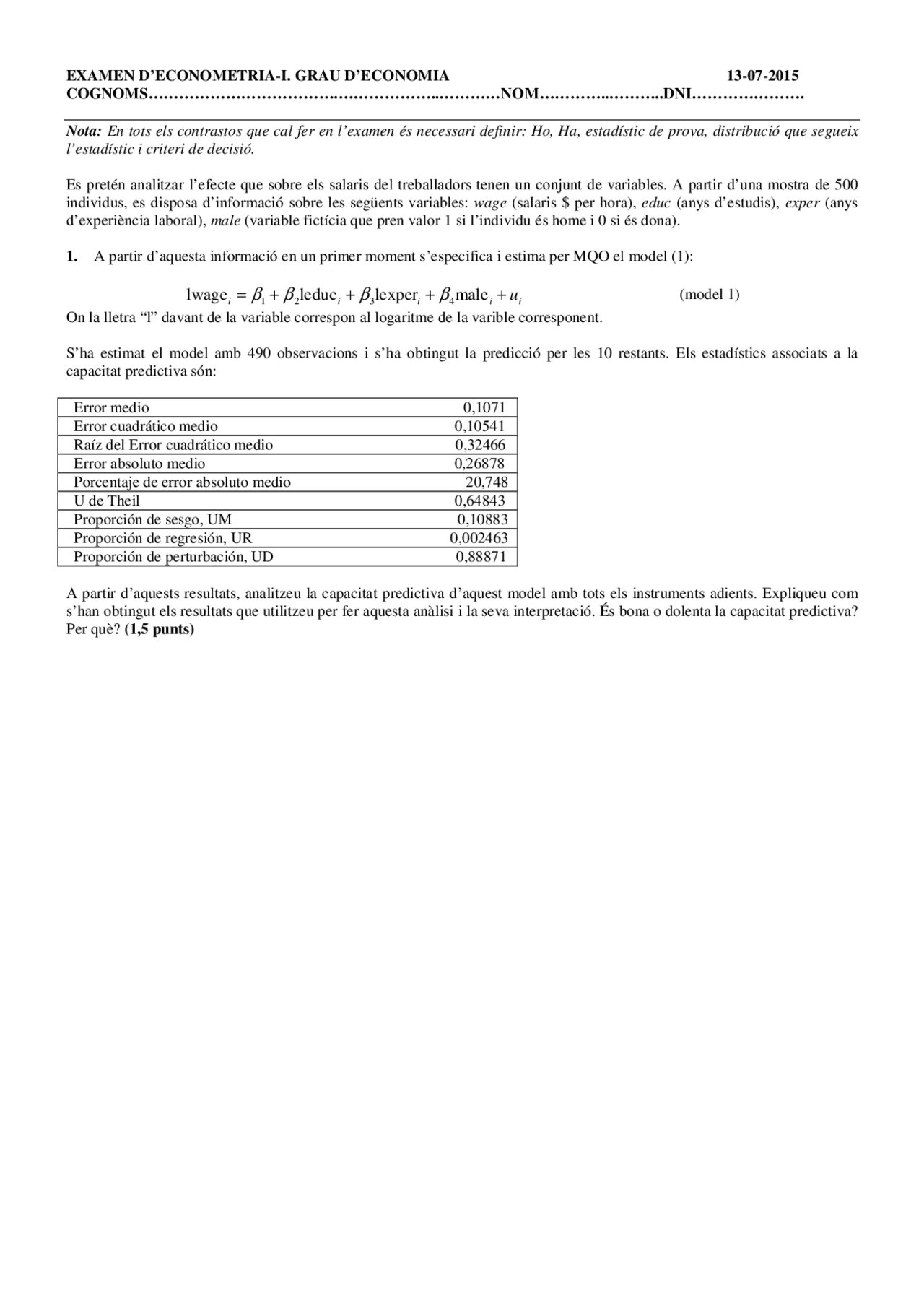 Econometría 07 2015 - Exámenes de Econometría - Docsity