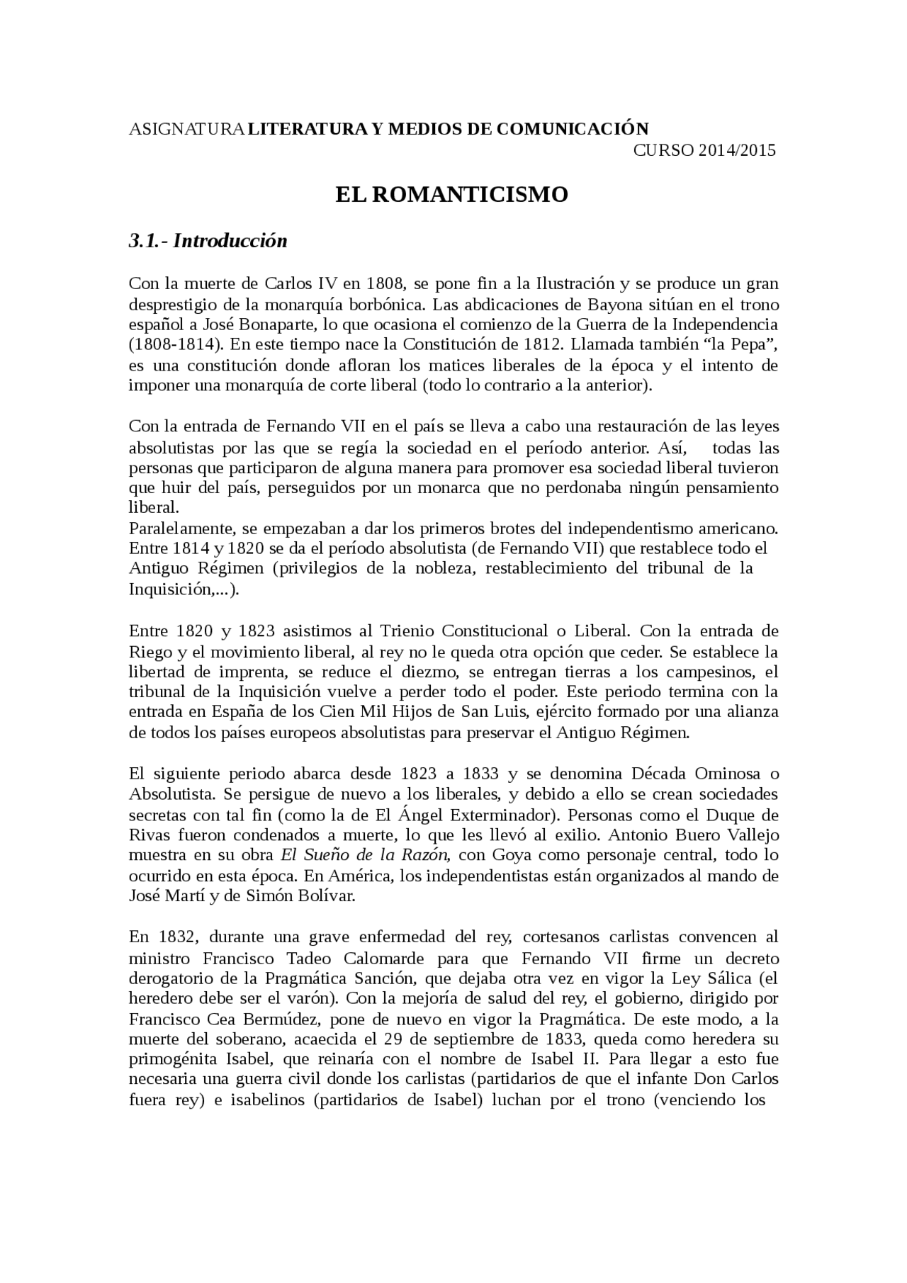 Romanticismo - Apuntes de Literatura - Docsity