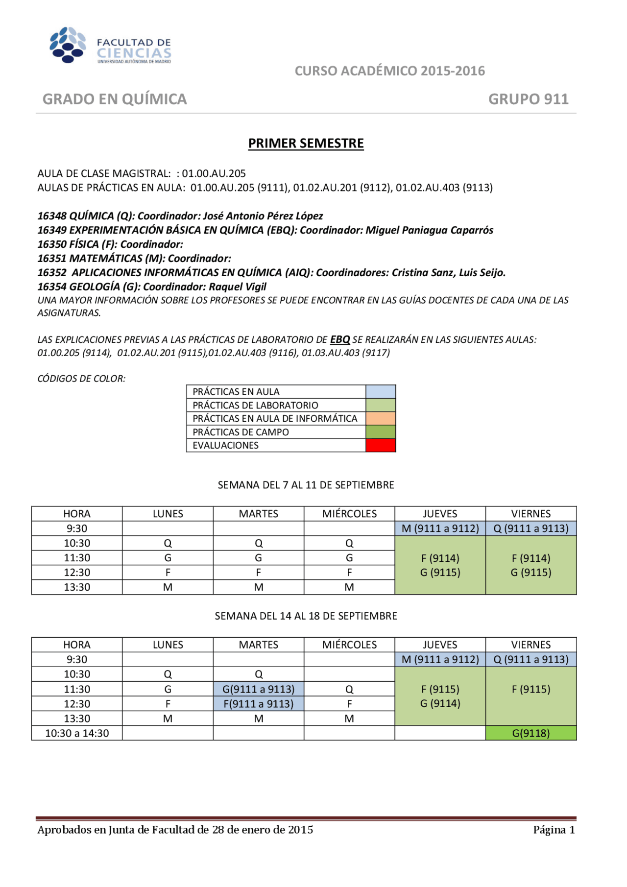 Horario química UAM 911 - Apuntes de Química - Docsity