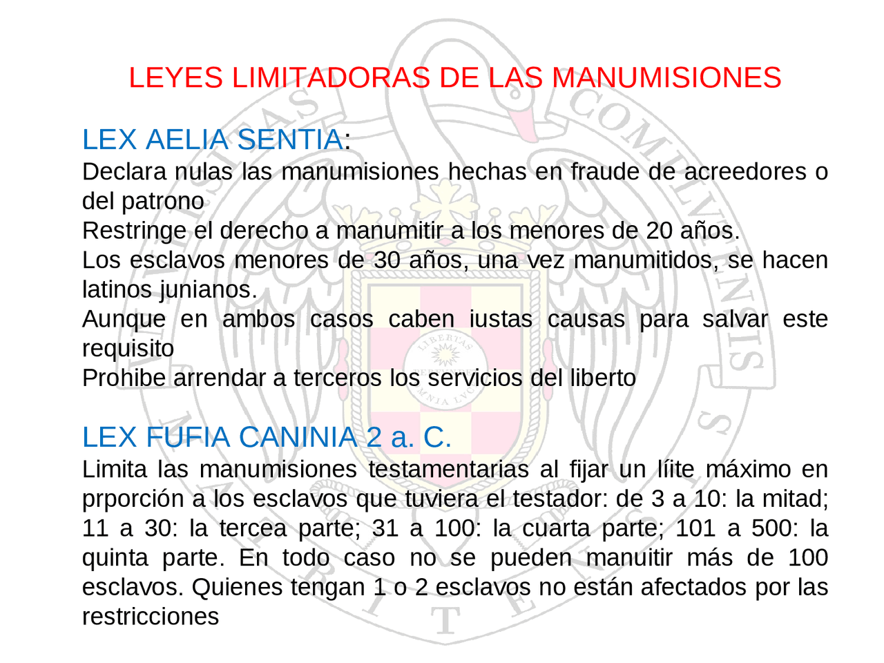 Leyes manumision - Apuntes de Derecho Romano | Docsity