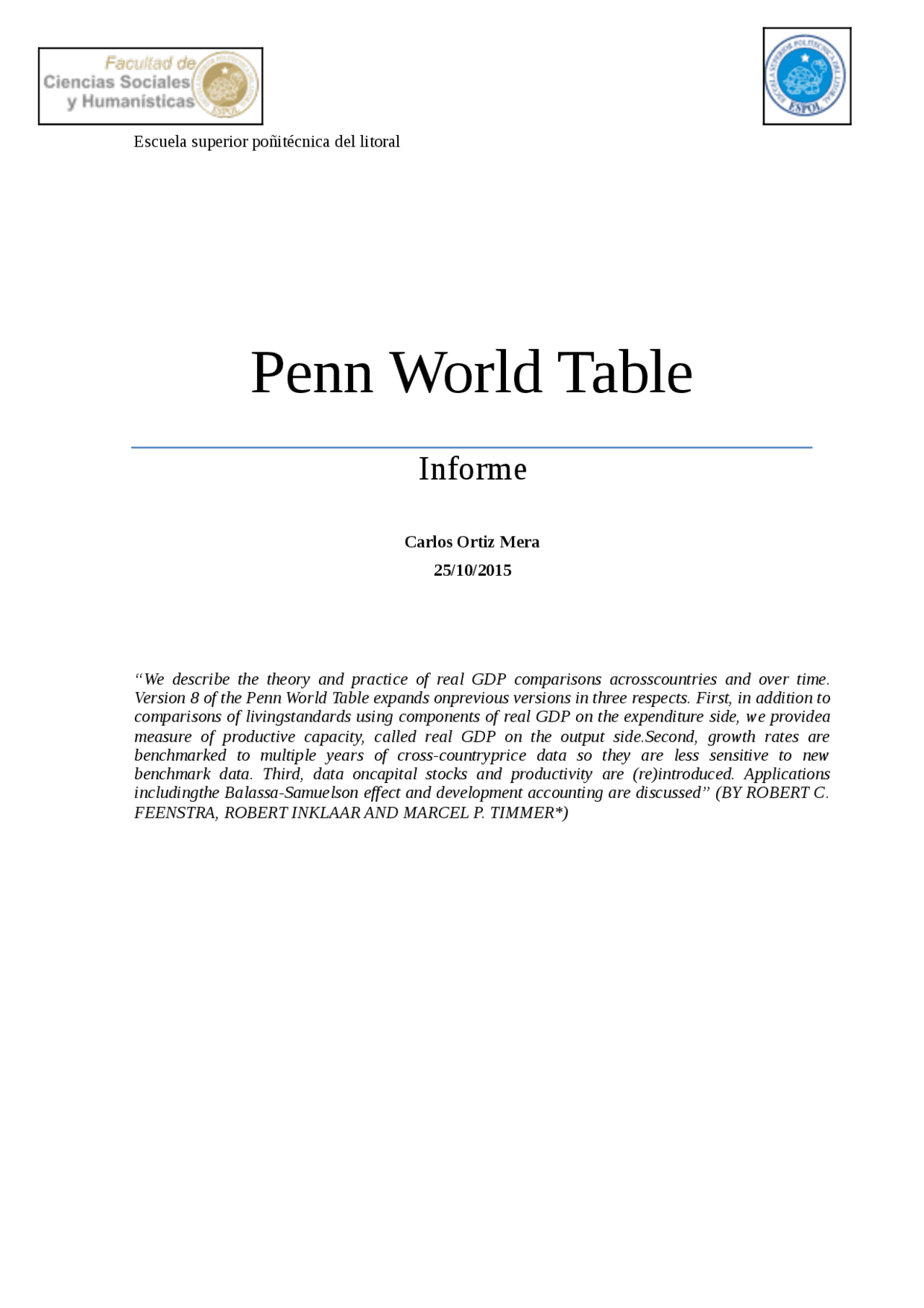 Penn World Table informe - Apuntes de Sociología - Docsity
