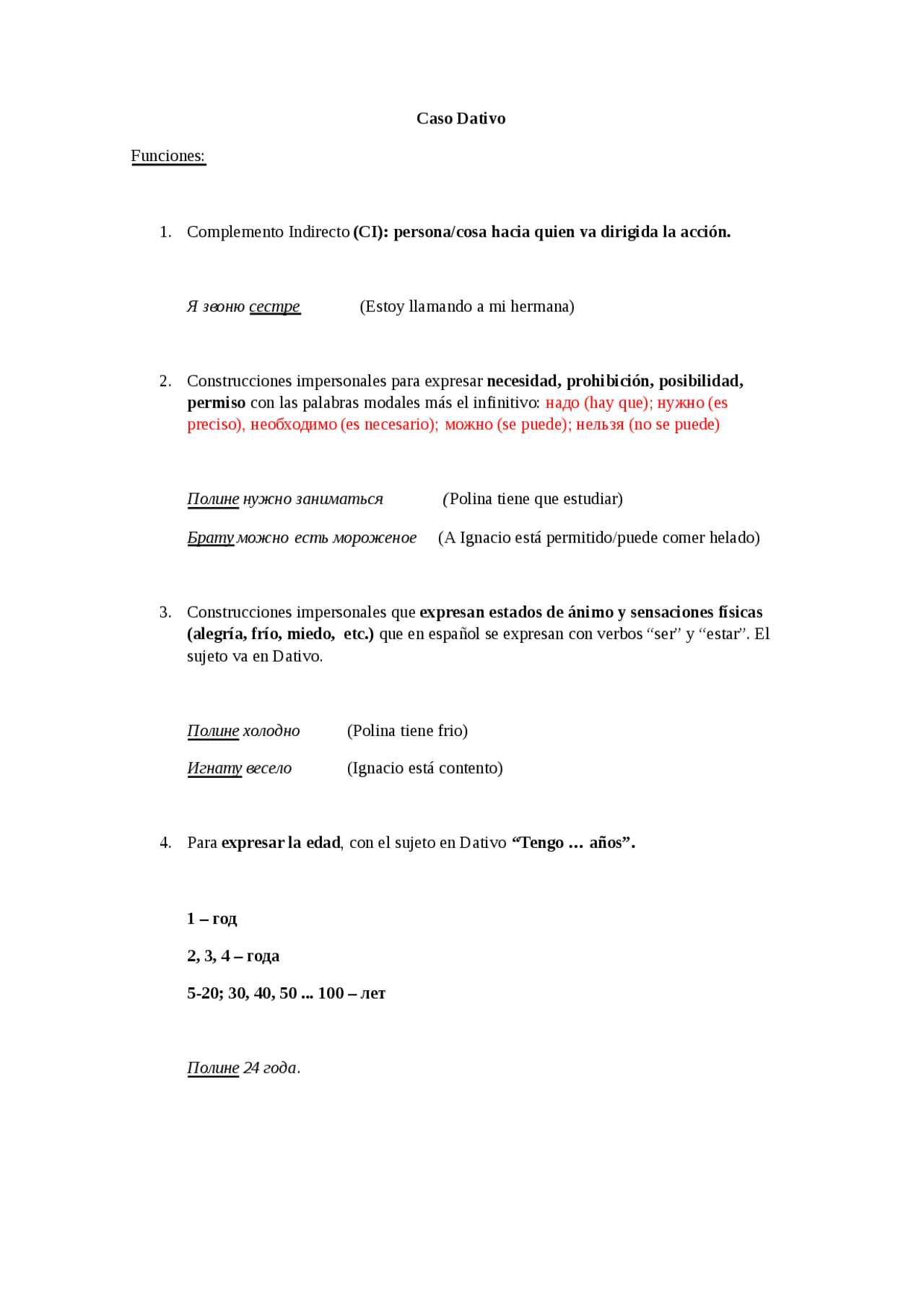 Declinación del caso dativo en singular - Apuntes de Idiomas - Docsity