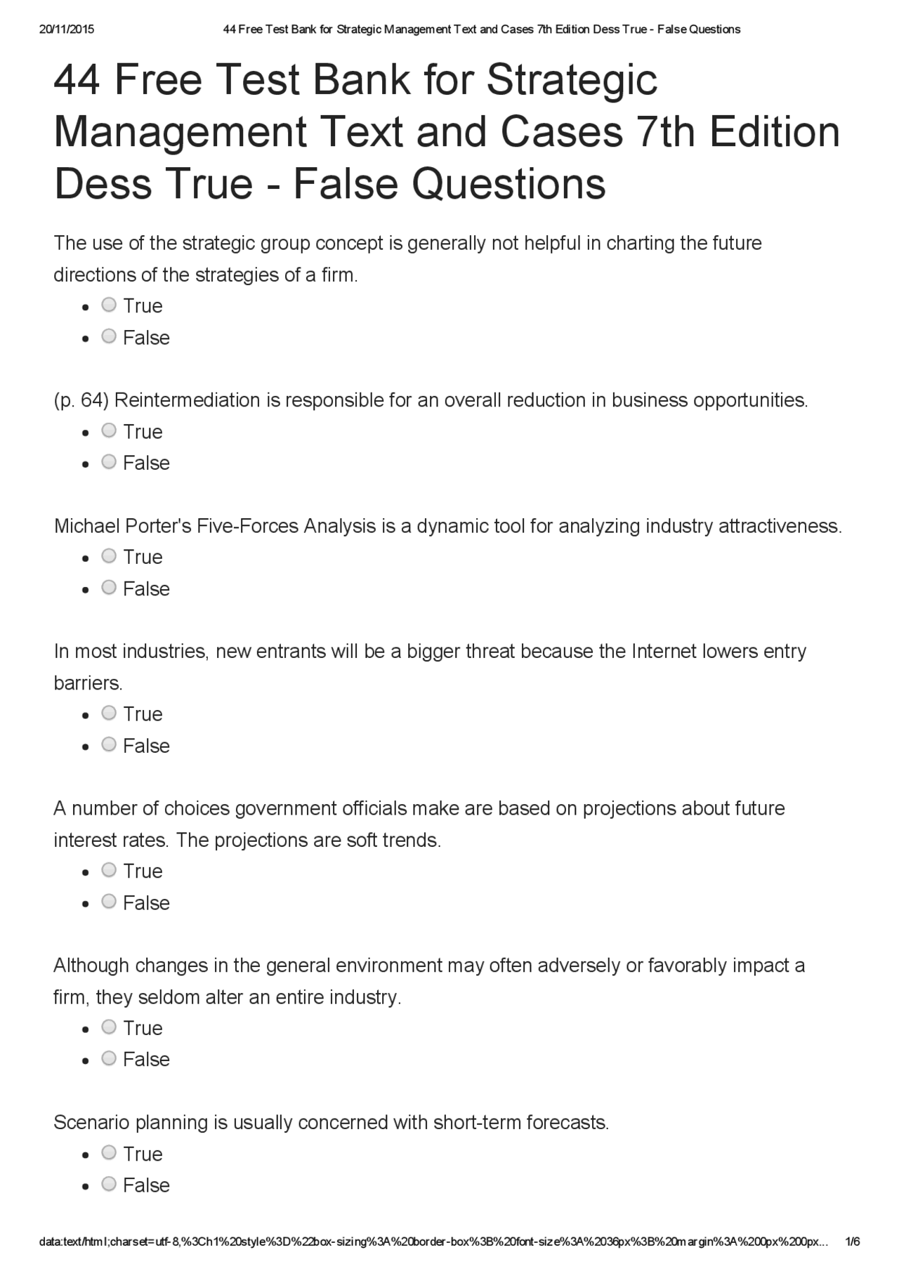 Test bank Strategic Management - Exámenes de Economía gerencial - Docsity
