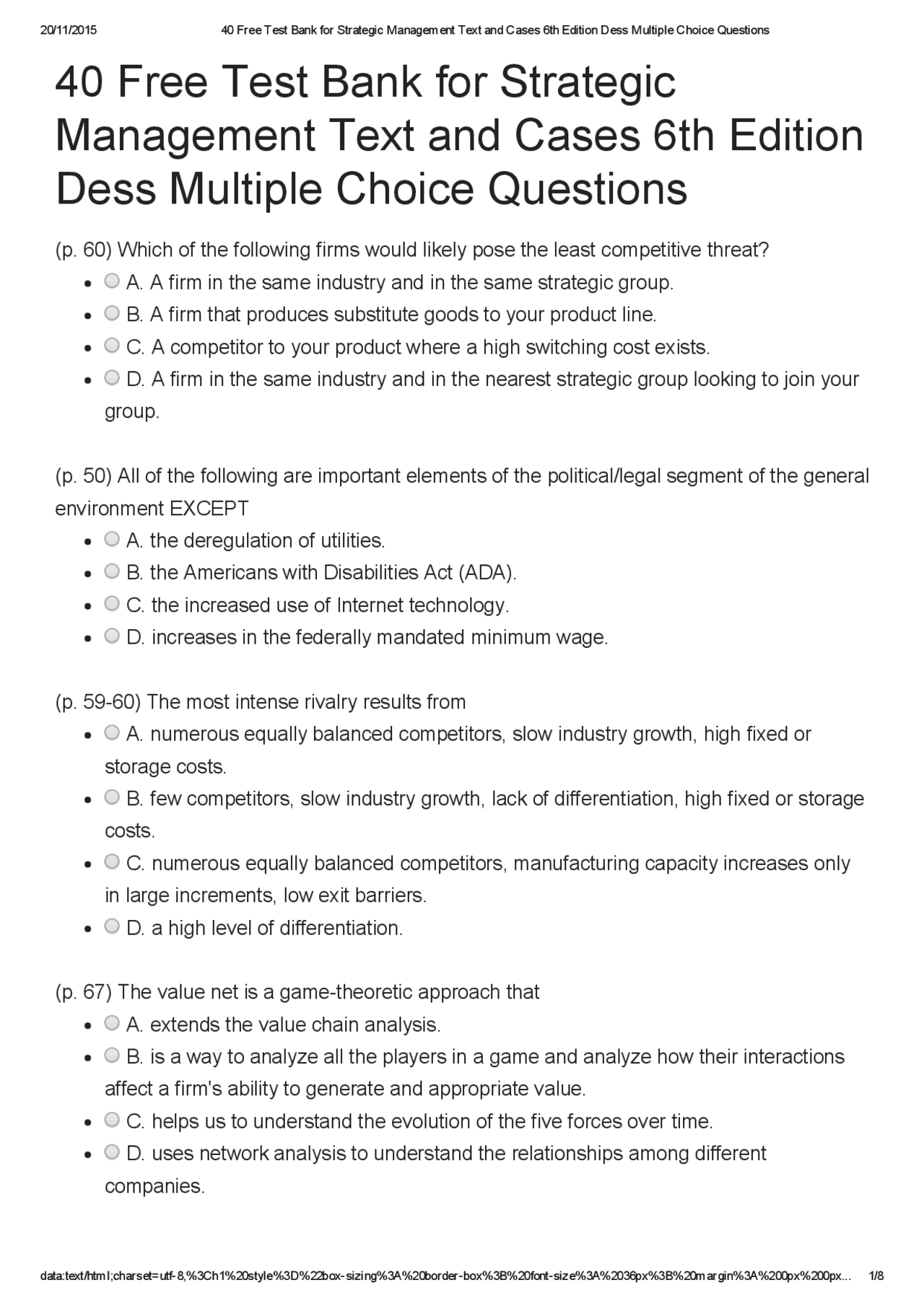 Test bank Strategic Management - Exámenes de Economía gerencial | Docsity