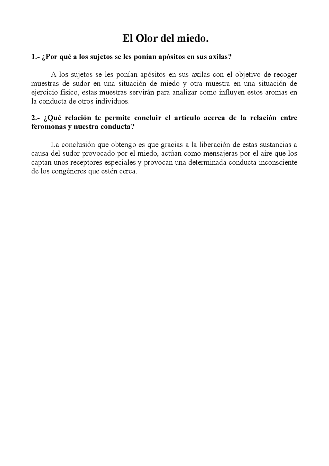 Olor del miedo - Apuntes de Psicología - Docsity