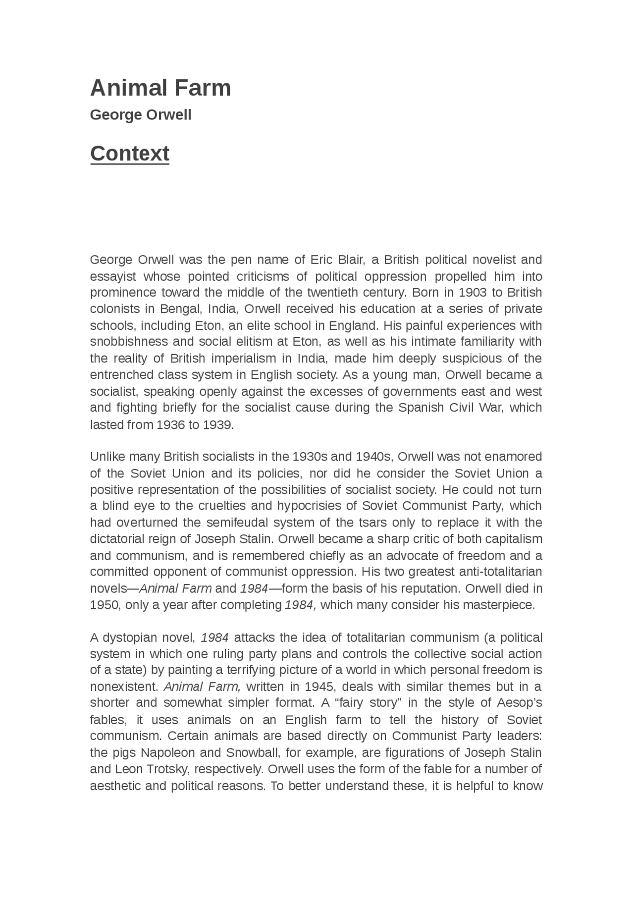 Animal Farm complete analysis - Apuntes de Idioma Inglés - Docsity