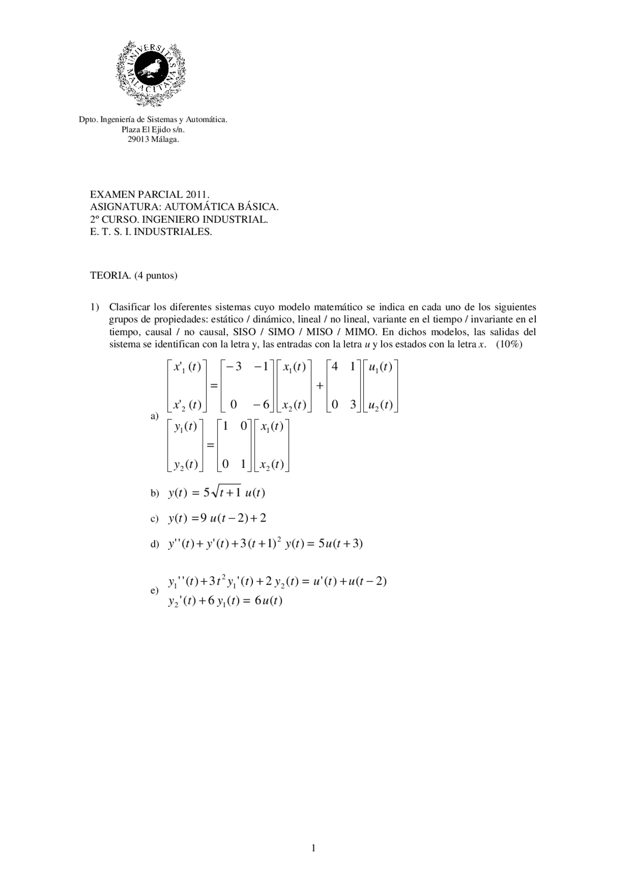 Examen Automatica - Exámenes de Ingeniería Industrial - Docsity