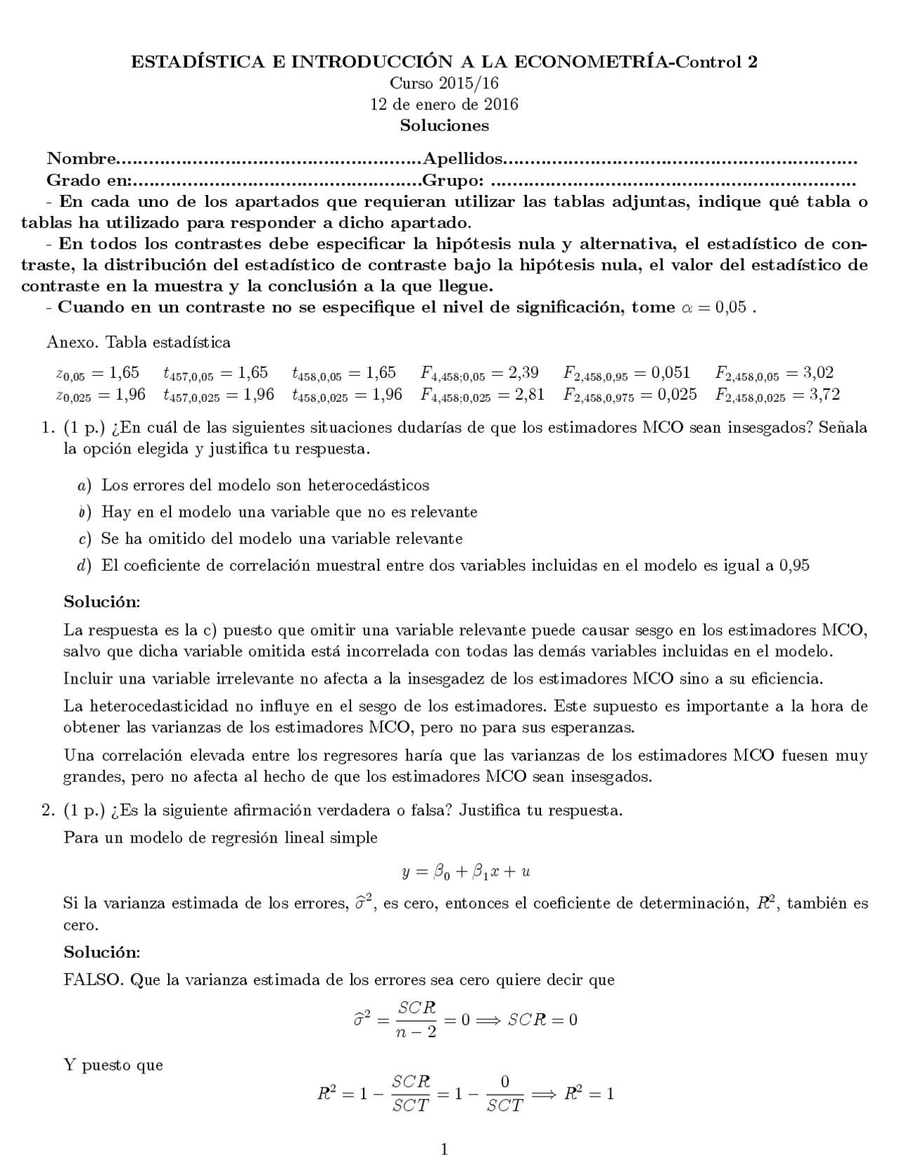 Econometría 01 2016 - Exámenes de Econometría - Docsity