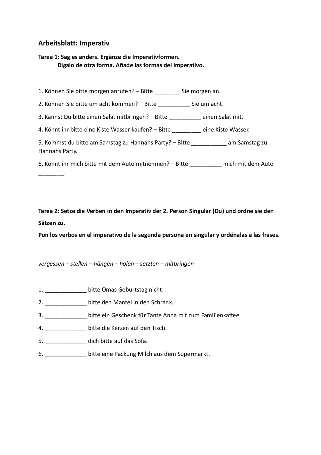 Arbeitsblatt: Imperativ - Apuntes de Idioma Alemán - Docsity