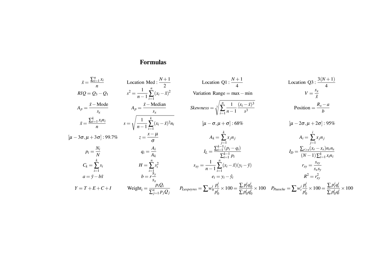 Data analysis formulas - Ejercicios de Negocios Internacionales - Docsity