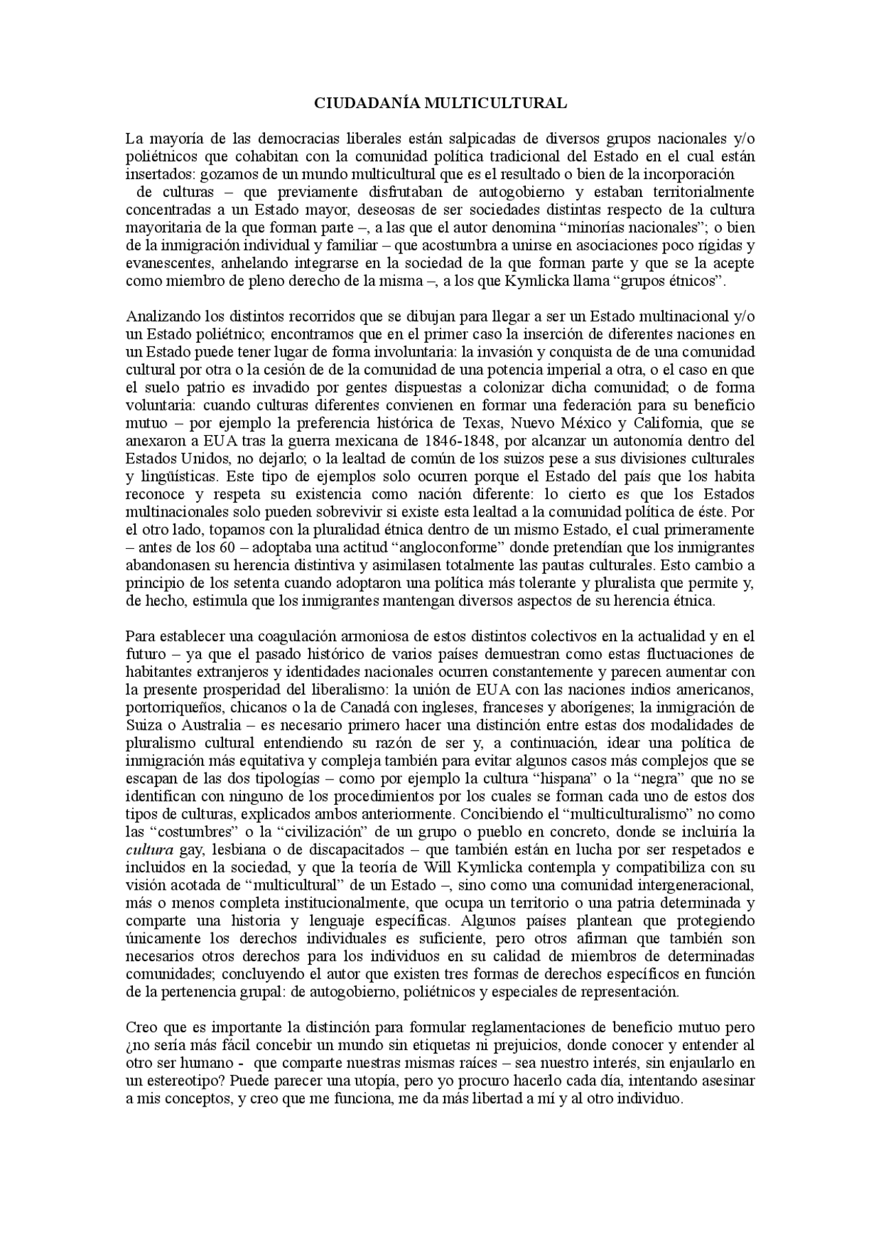 Ciudadania multicultural - Apuntes de Ciencia Política - Docsity