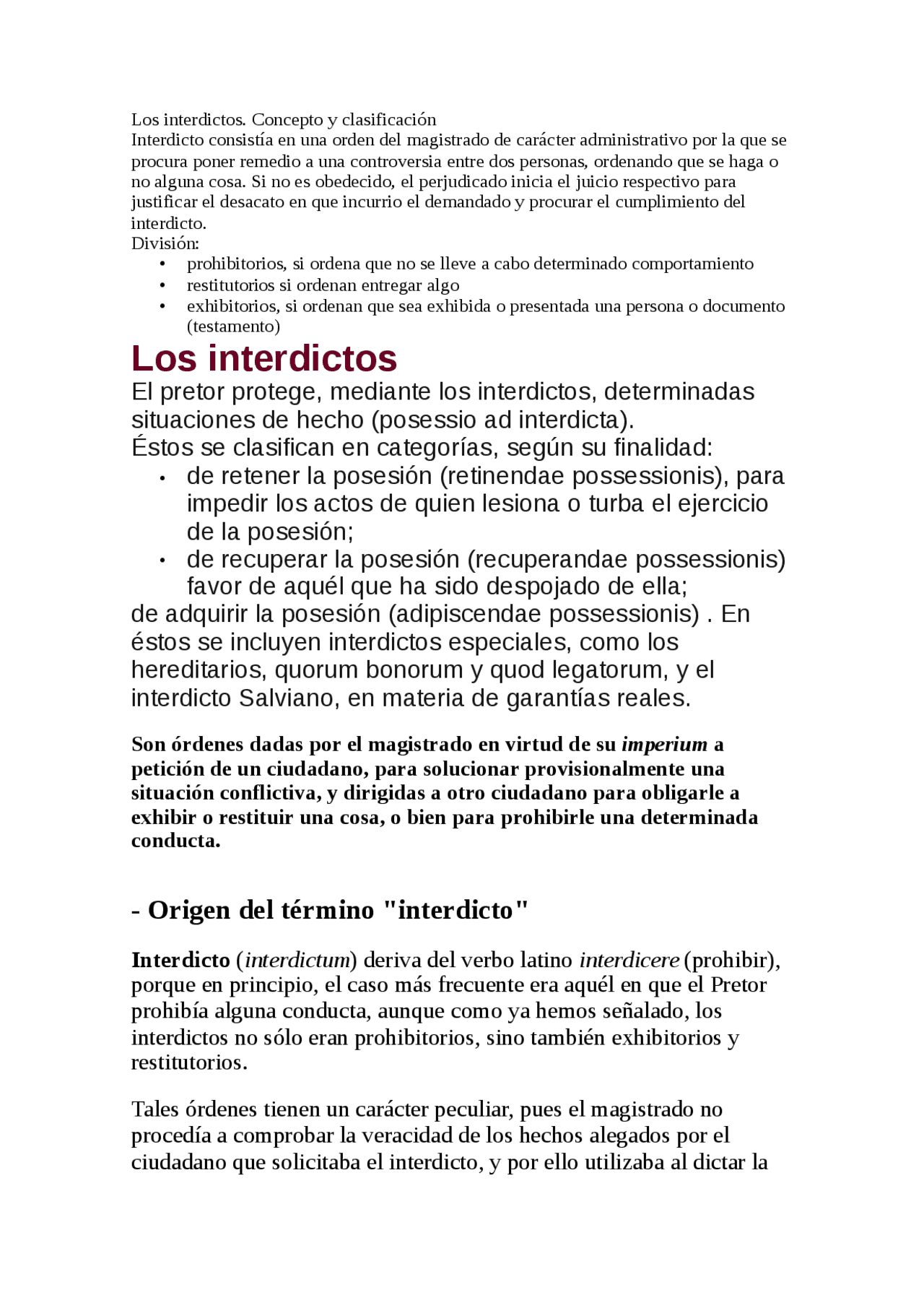 Interdictos - Apuntes de Derecho Romano | Docsity
