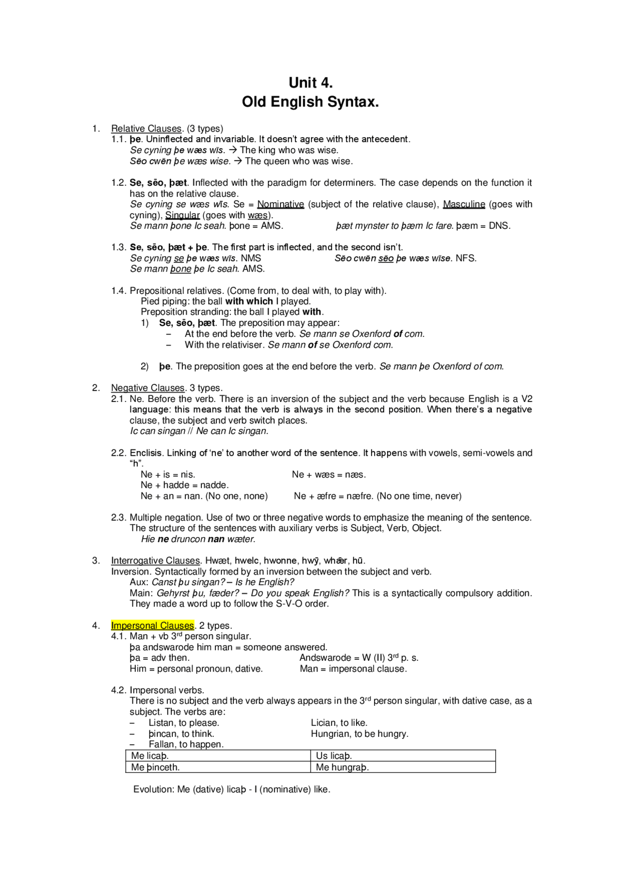Unit 4 Old English Syntax. - Apuntes de Idioma Inglés - Docsity
