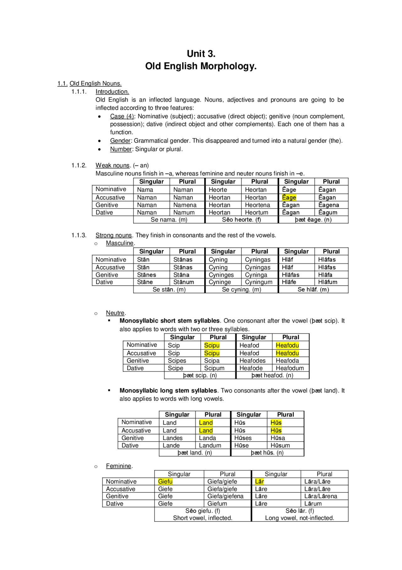 Unit 3 Old English Morphology. - Apuntes de Idioma Inglés - Docsity