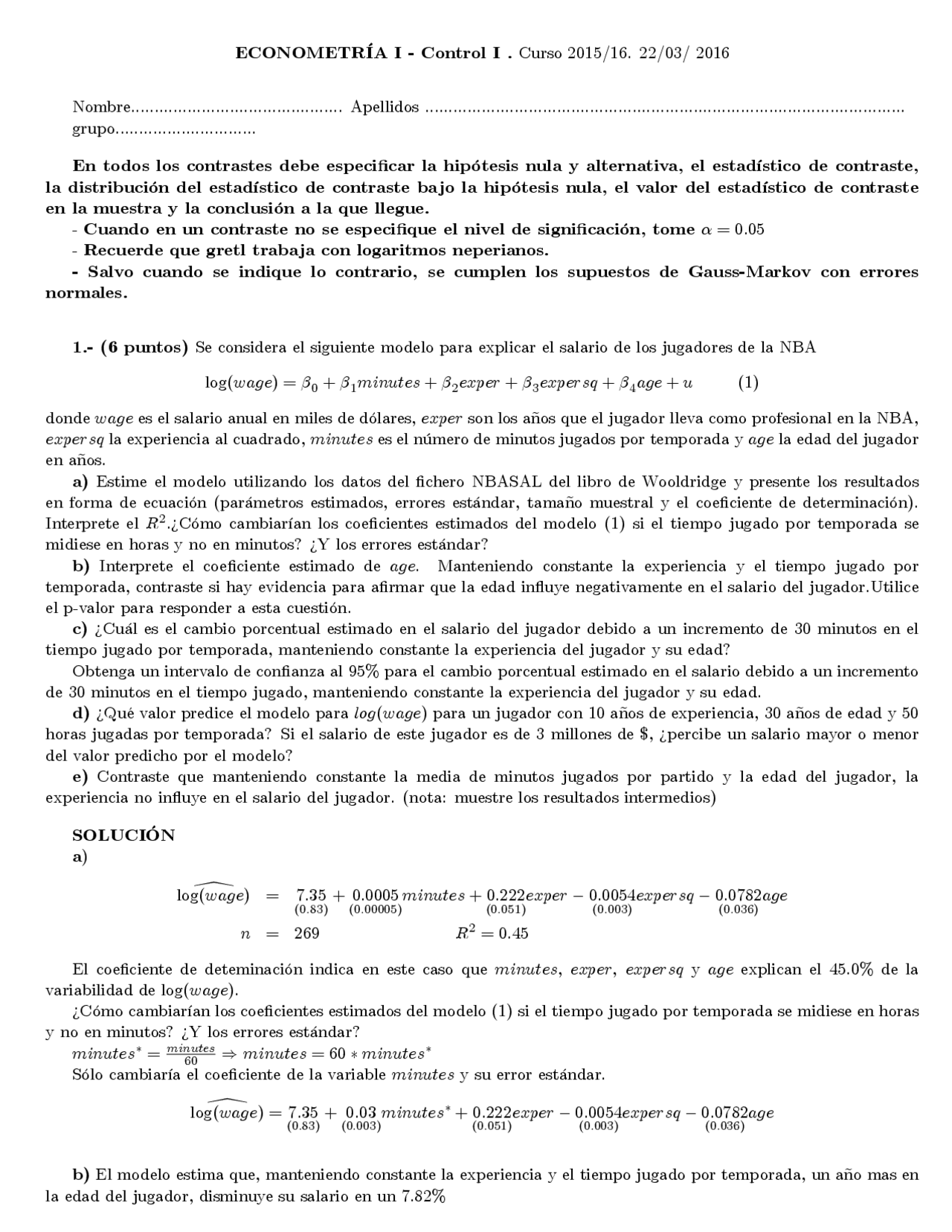 Econometría 03 2016 - Exámenes de Econometría - Docsity